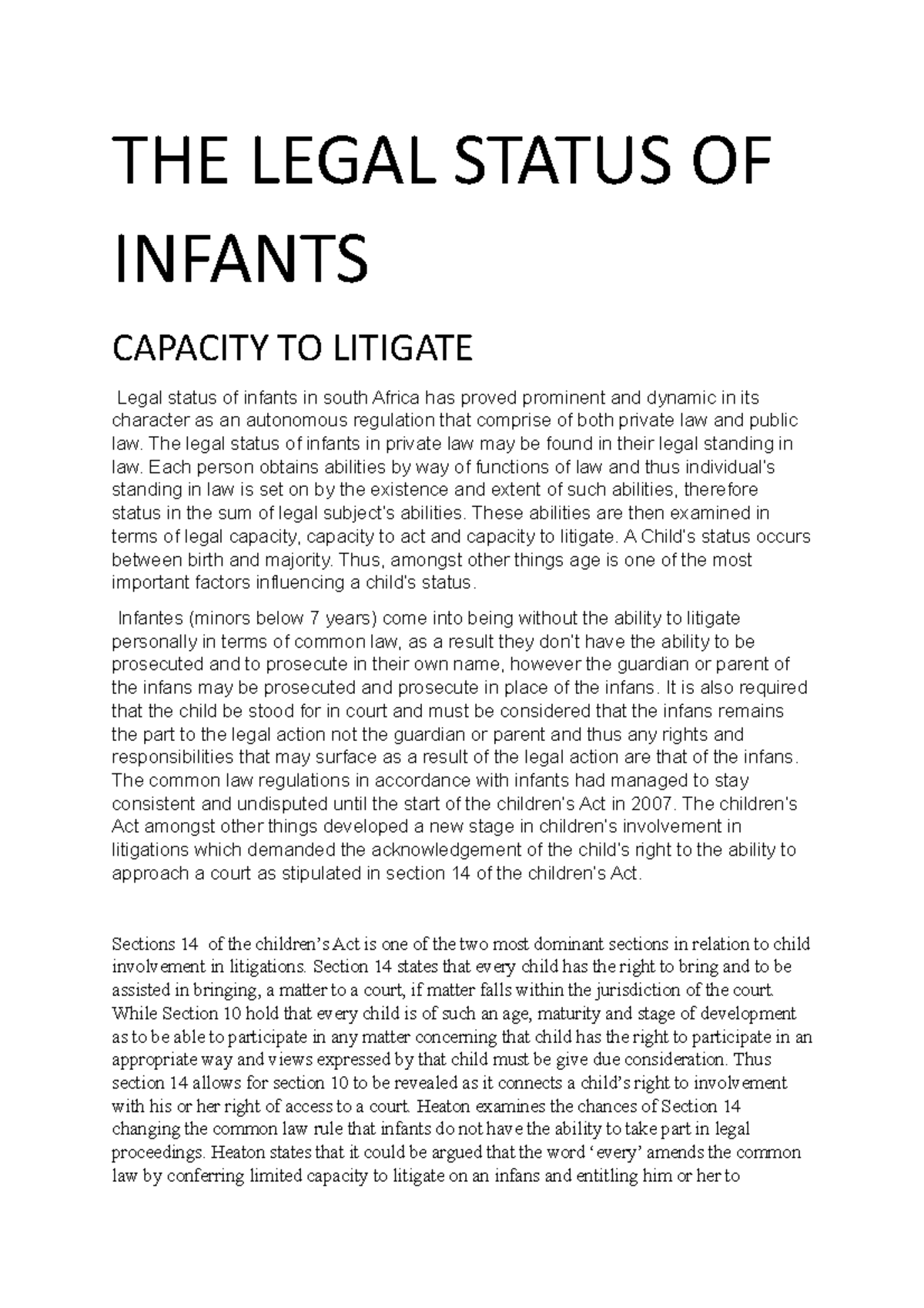 Infants capacity to litigate - THE LEGAL STATUS OF INFANTS CAPACITY TO ...