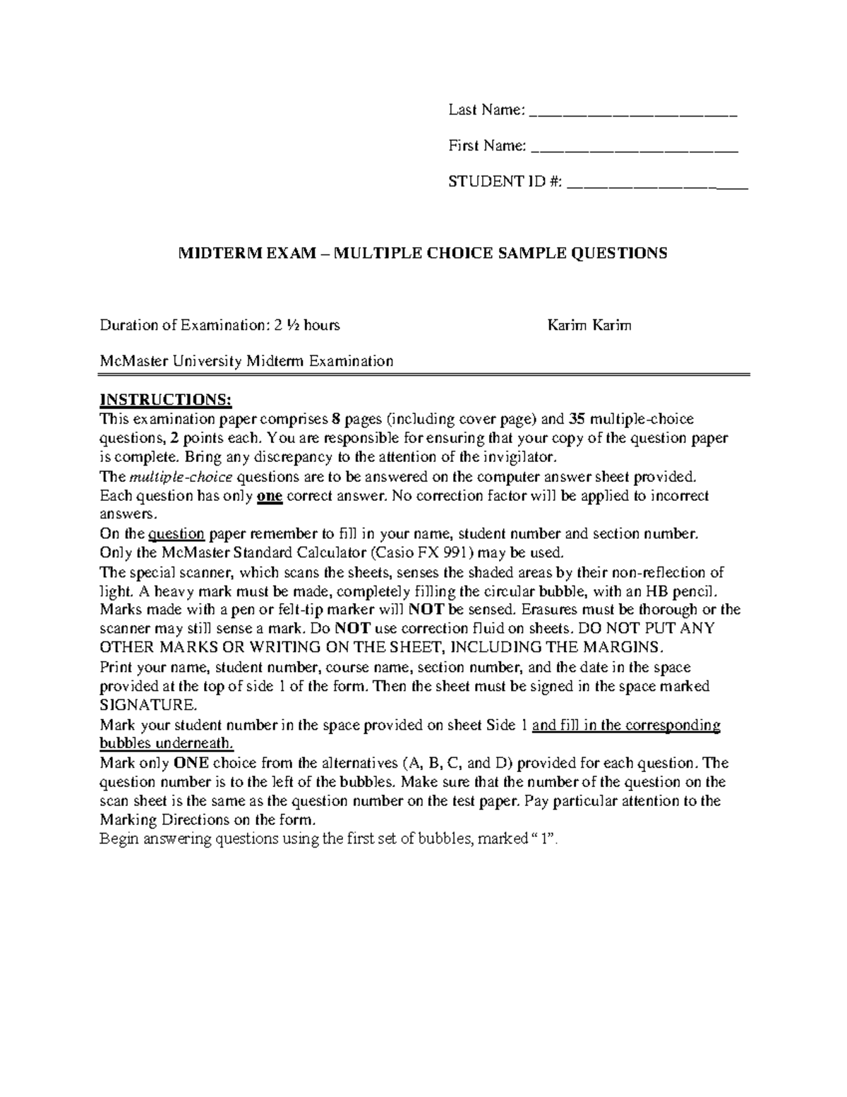 Practice Midterm MC Questions - Solutions - Last Name ...