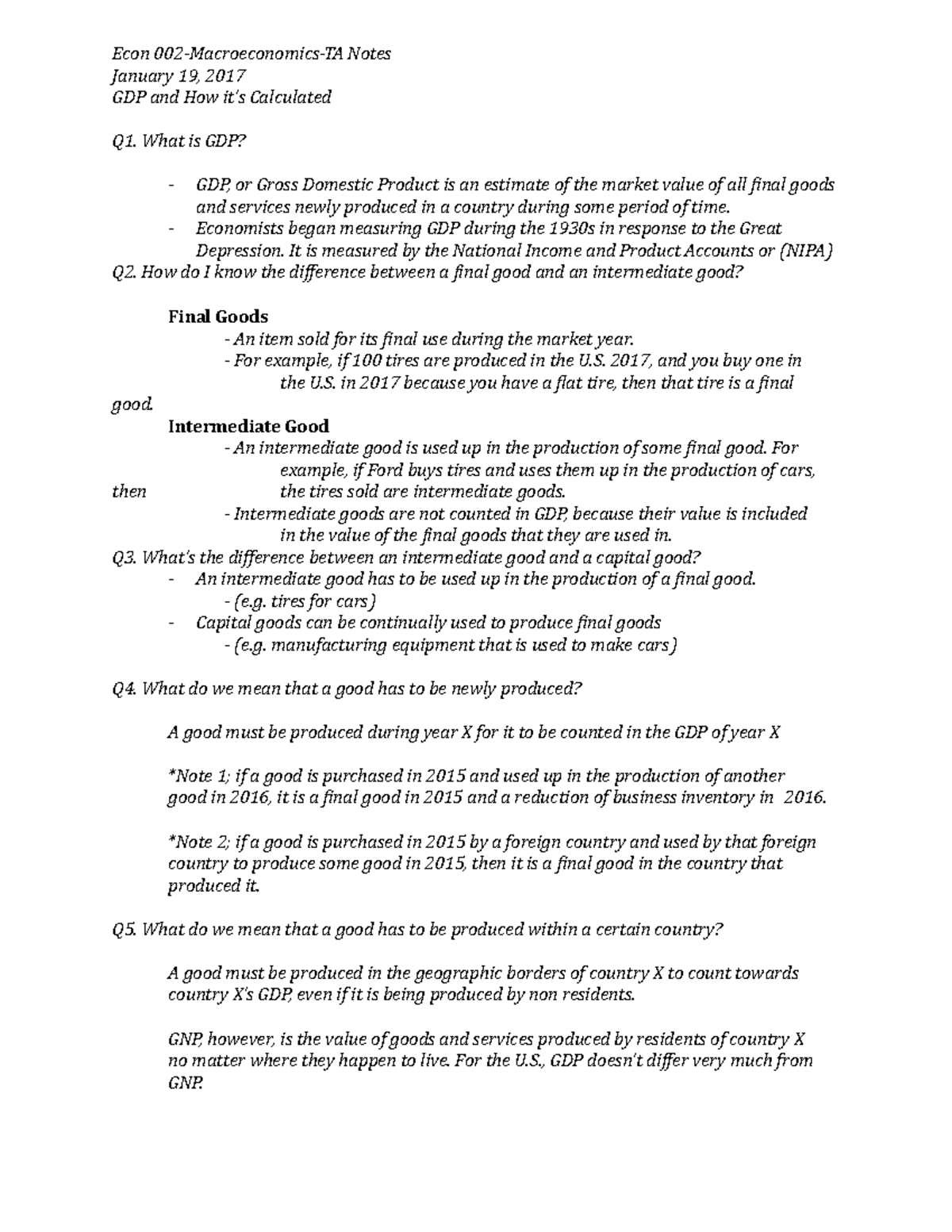 TA Notes Macro Final - Econ Notes January 19, 2017 GDP and How ...