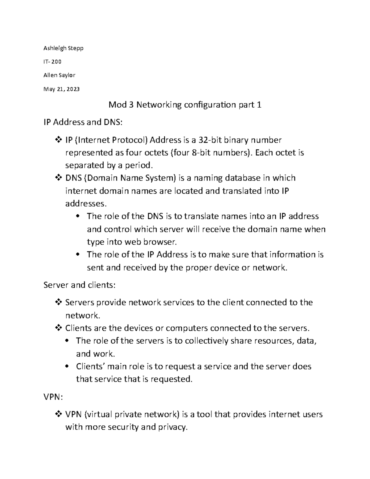 Mod 3 define and describe the role - Ashleigh Stepp IT- 200 Allen ...