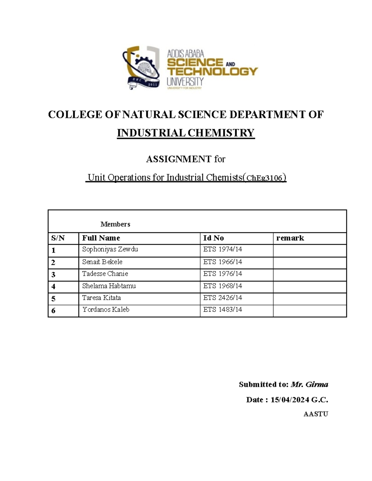 Cement production assignment 1 - COLLEGE OF NATURAL SCIENCE DEPARTMENT ...