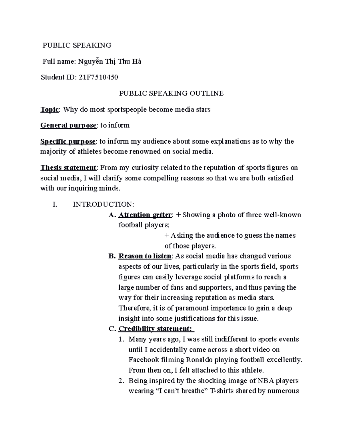 Sample Detailed Ouline PS - PUBLIC SPEAKING Full name: Nguyễn Thị Thu ...