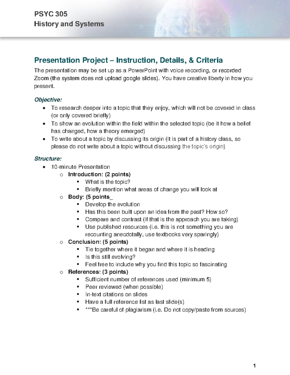 PSYC305 Presentation Project Instructions FALL 2021 - PSYC 305 History ...