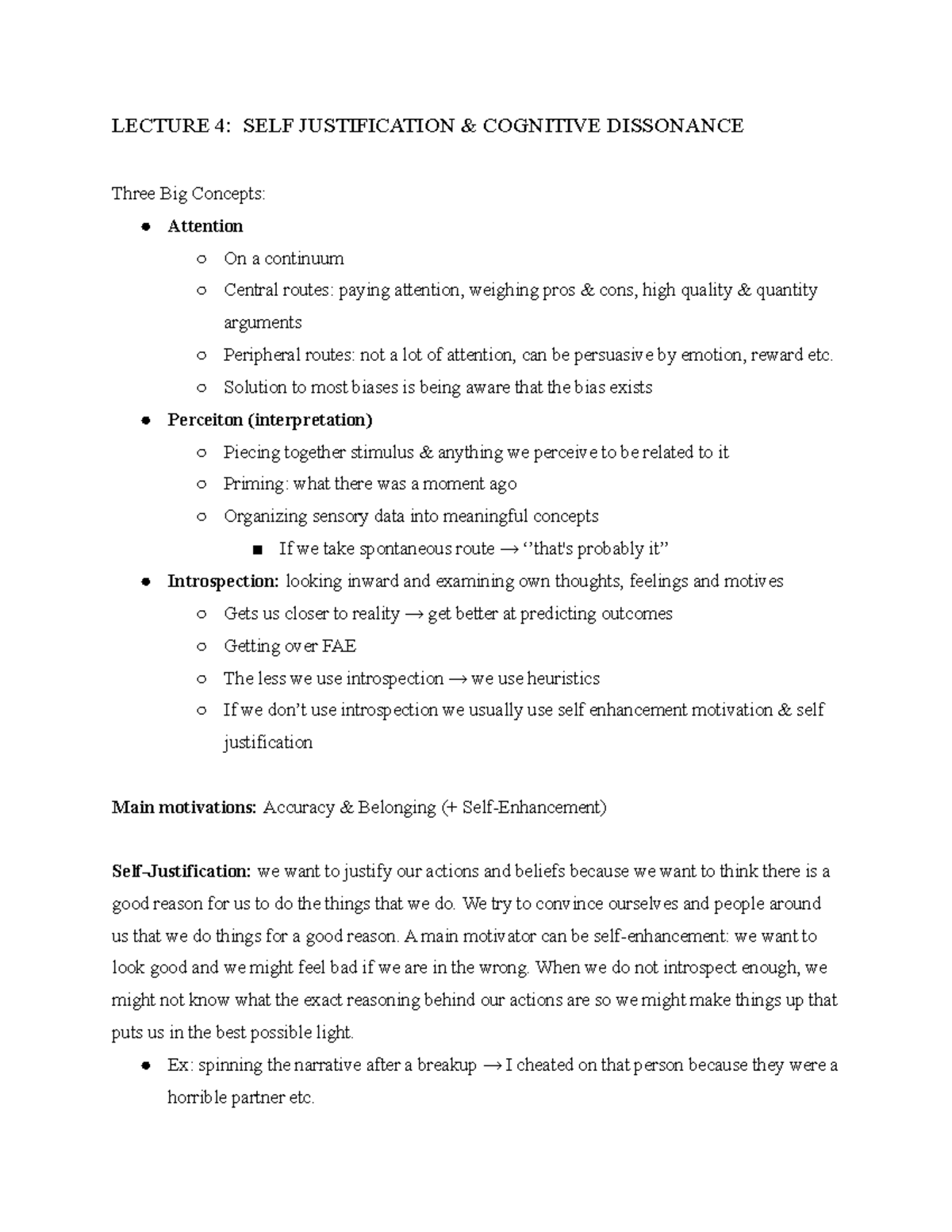 PSY220 Midterm #2 Review - LECTURE 4: SELF JUSTIFICATION & COGNITIVE ...