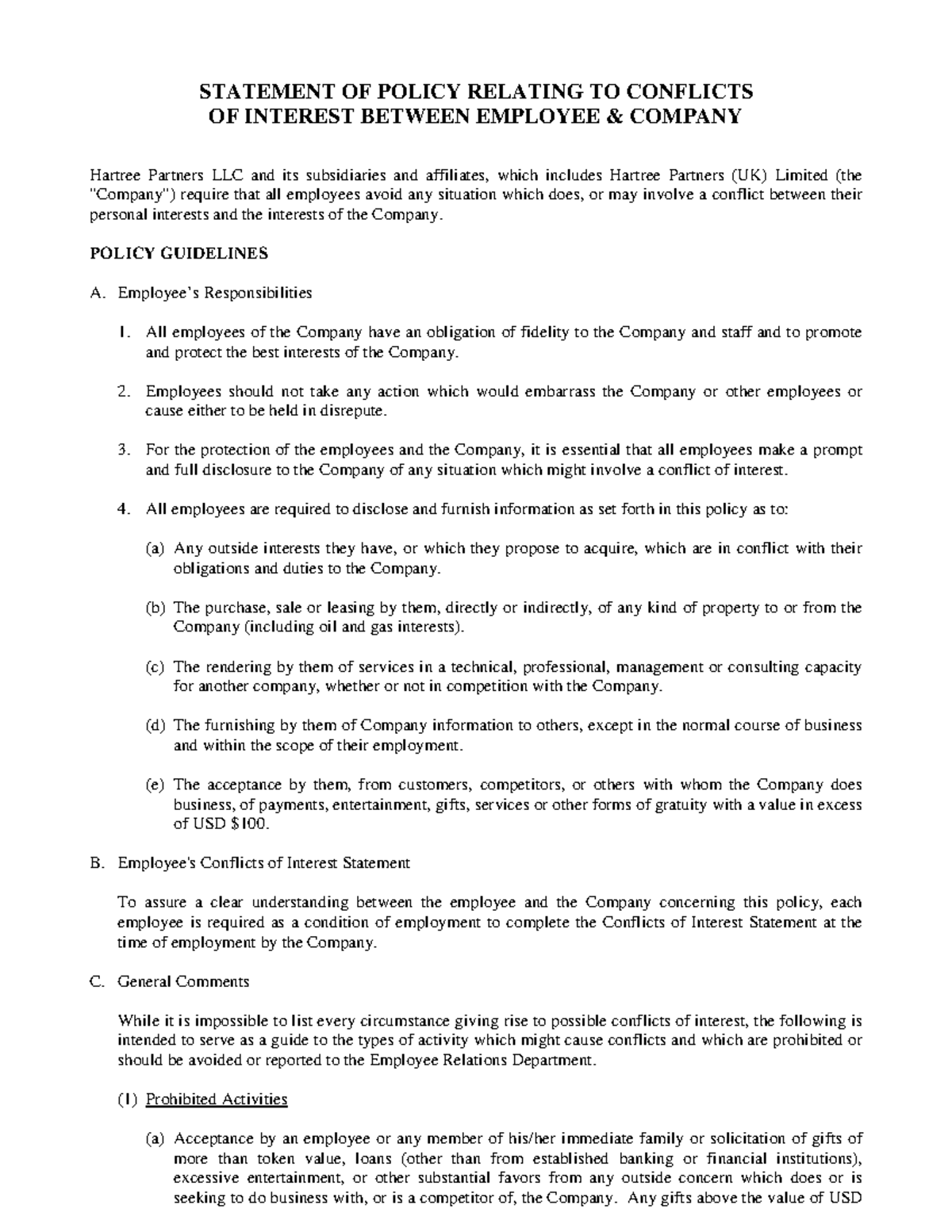 Conflict of Interest - Finance - STATEMENT OF POLICY RELATING TO ...