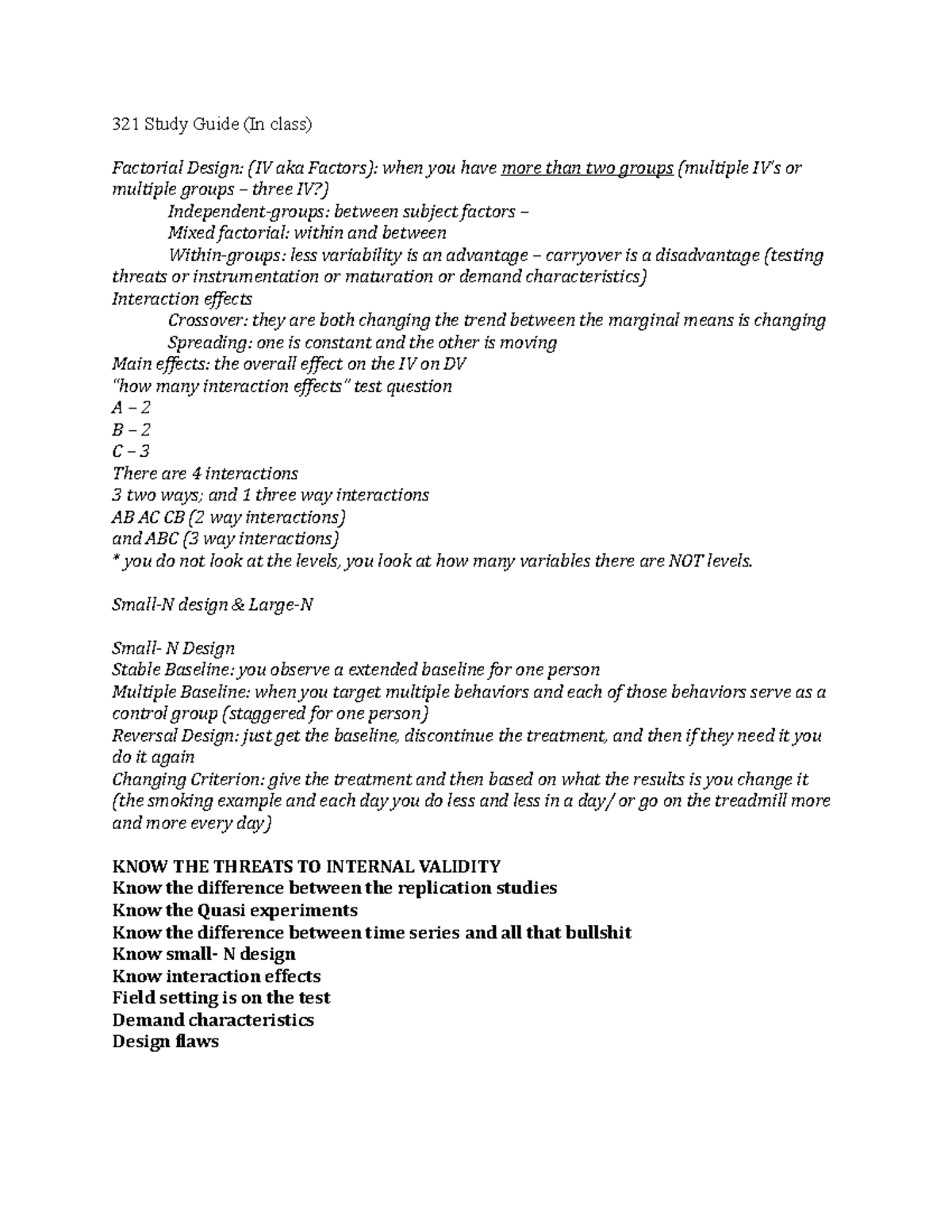 Lecture notes Exam 3 - 321 Study Guide (In class) Factorial Design: (IV ...