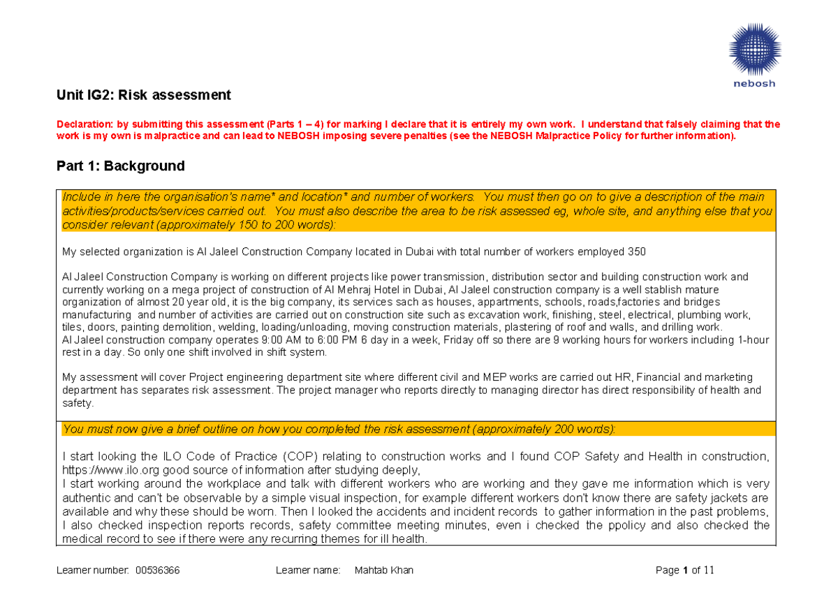 Jaleel report downlaoaded - Unit IG2: Risk assessment Declaration: by ...
