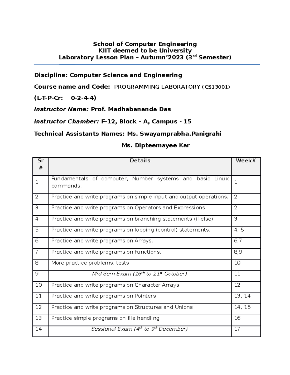 Programming Lab Lessson Plan 2023-v1 - School of Computer Engineering ...