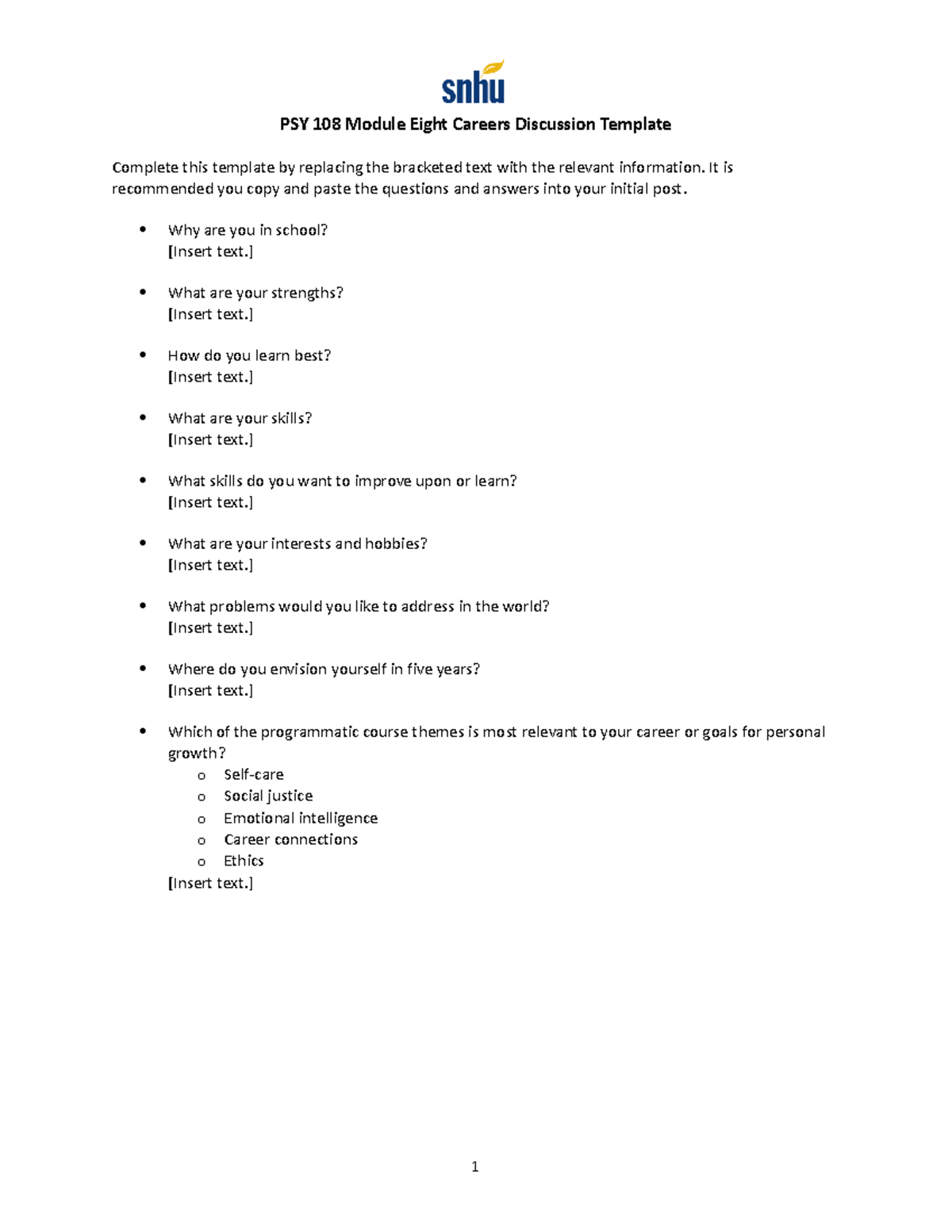 PSY 108 Module Eight Careers Discussion Template - PSY 108 Module Eight ...