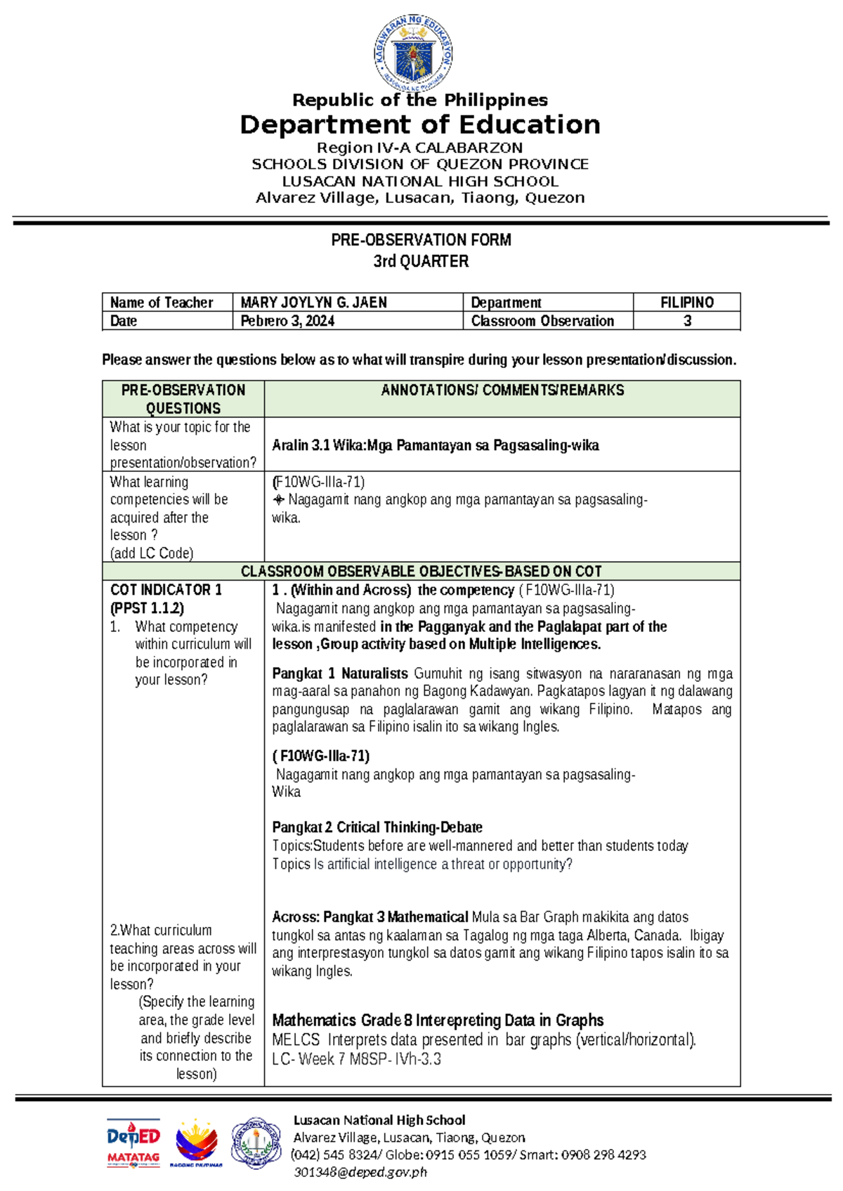 PRE- Observation-FORM 3nd- Quarter 2023-2024-final 2 - Department of ...