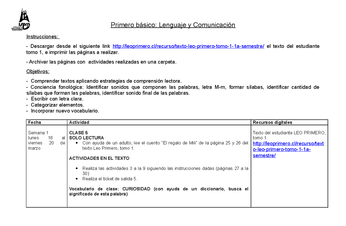 Clase Lenguaje 1° básico Semana 1 - Primero básico: Lenguaje y ...