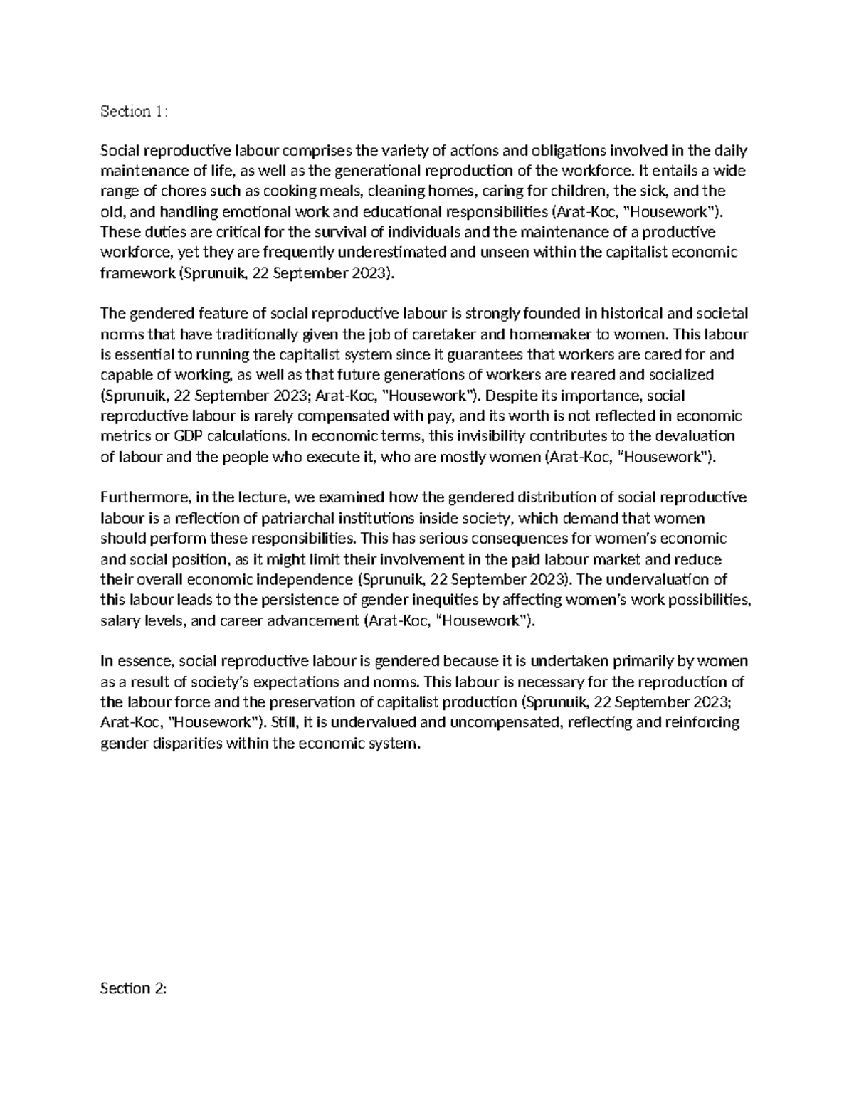 Test 1 - Section 1: Social reproductive labour comprises the variety of ...