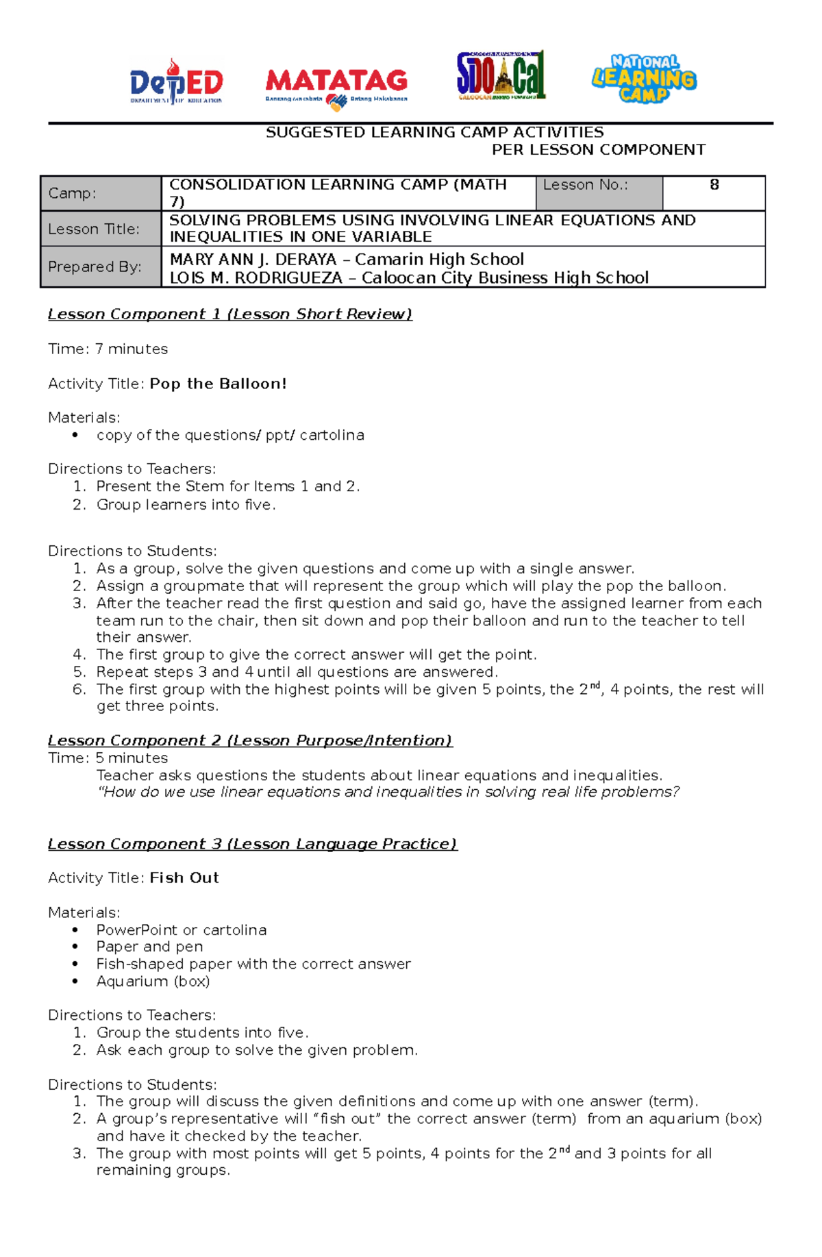 Math 7 NLC Consolidation Lesson 8 - SUGGESTED LEARNING CAMP ACTIVITIES ...