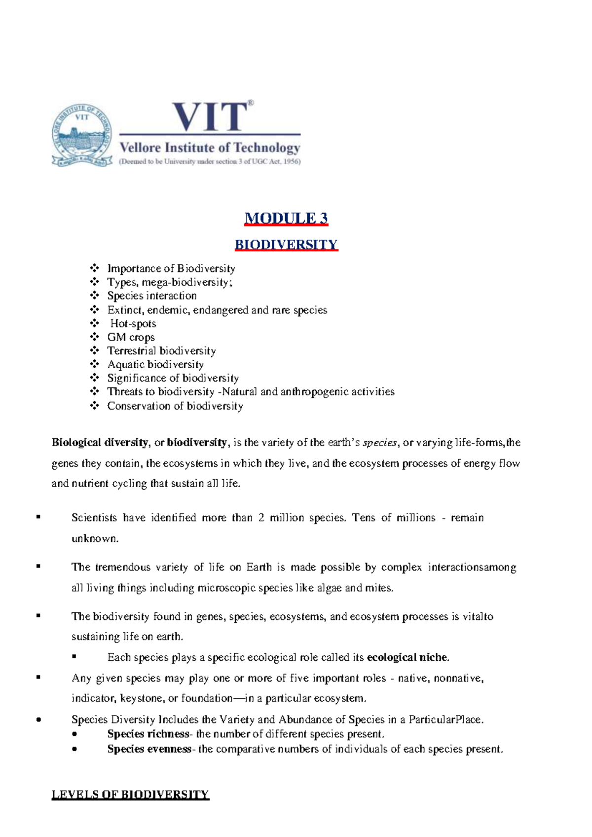 VIT CHY - SUSHMA KUMARI - MODULE 3 BIODIVERSITY Importance of Biodiversity Types, - Studocu