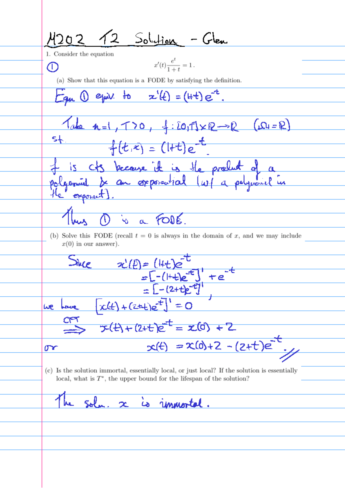 Tutorial 2 Solution - M202 T2 Solution Glen 1. Consider the equation I (a) Show that this ...