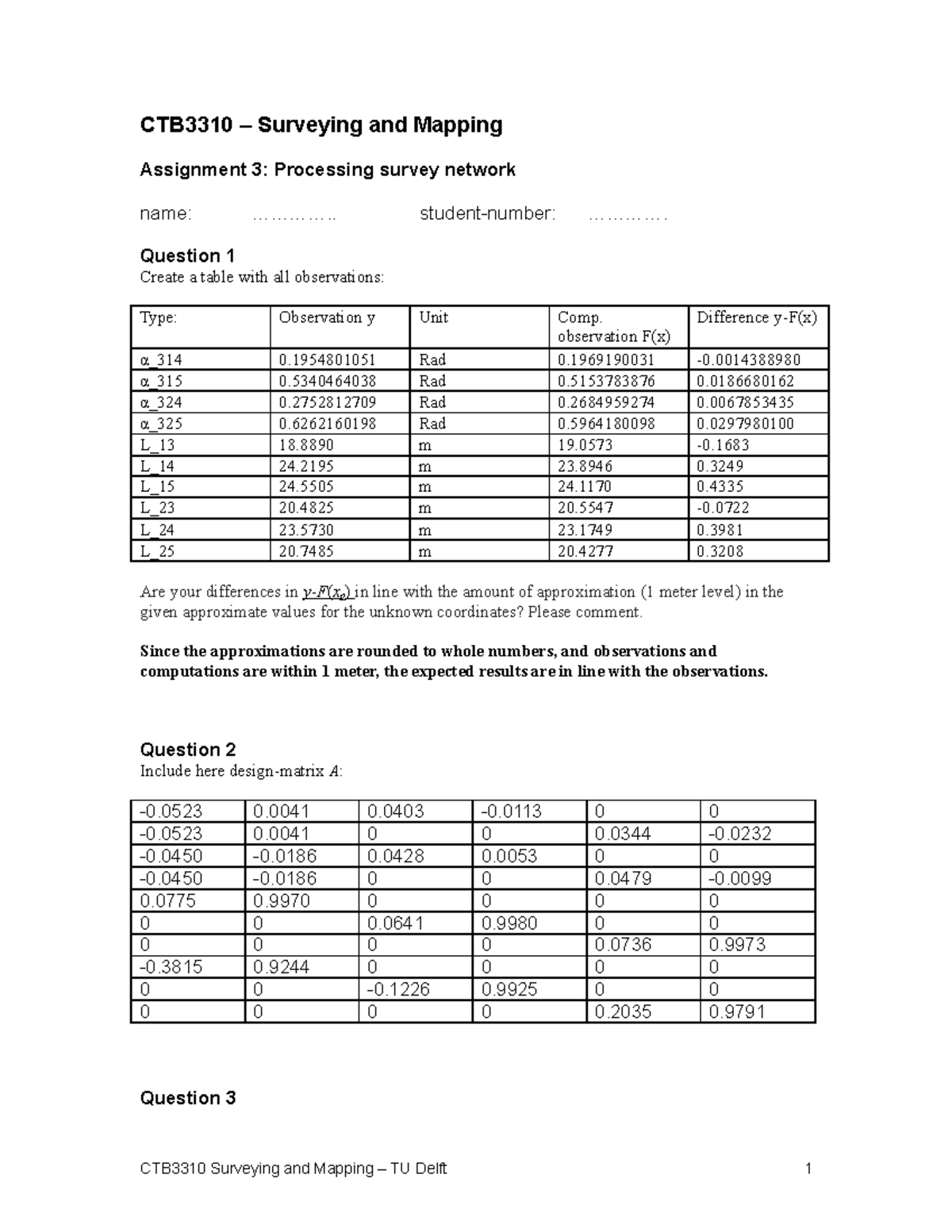 CTB3310 as3 - Assignment 3, met antwoorden, gehaald - CTB3310 – Surveying and Mapping Assignment ...