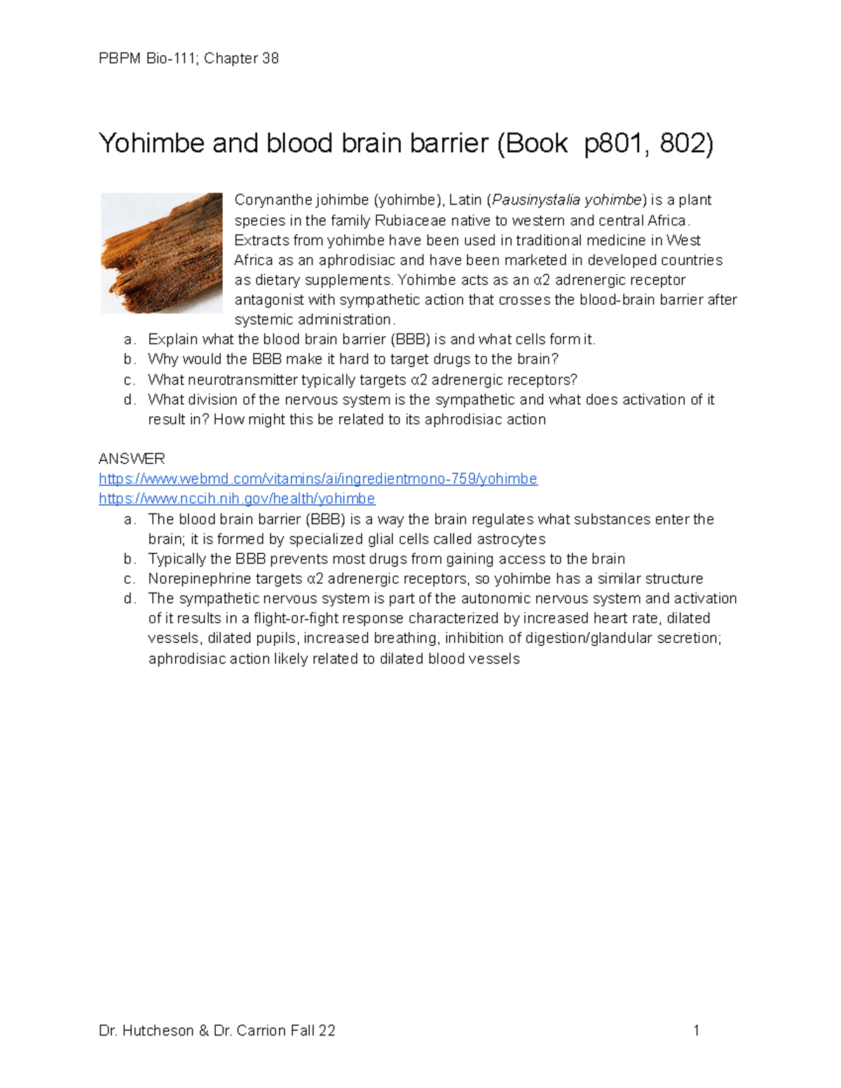 Study Questions 11b Answer - Yohimbe and blood brain barrier (Book p801 ...