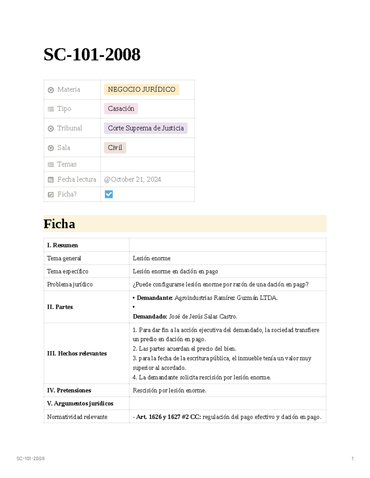 SC-101-2008 resumen - SC 101 2008 1 SC-101- Materia NEGOCIO JURÍDICO ...