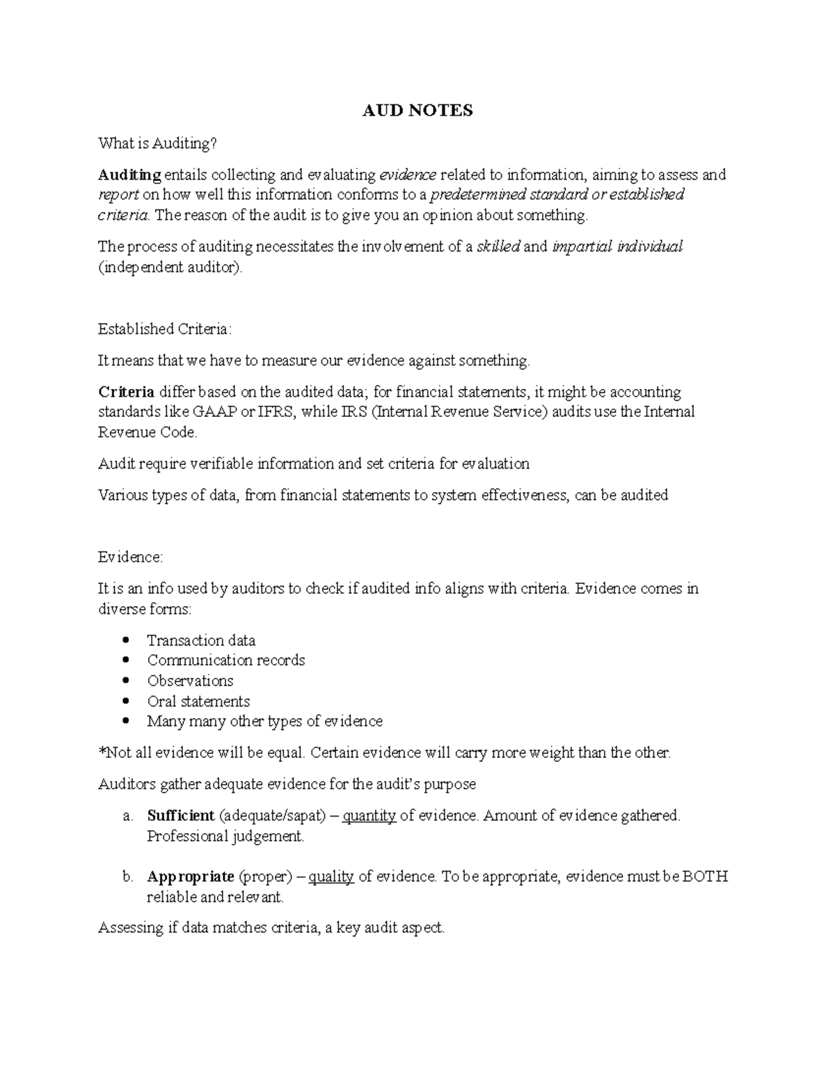 AUD Notes - AUD NOTES What is Auditing? Auditing entails collecting and ...