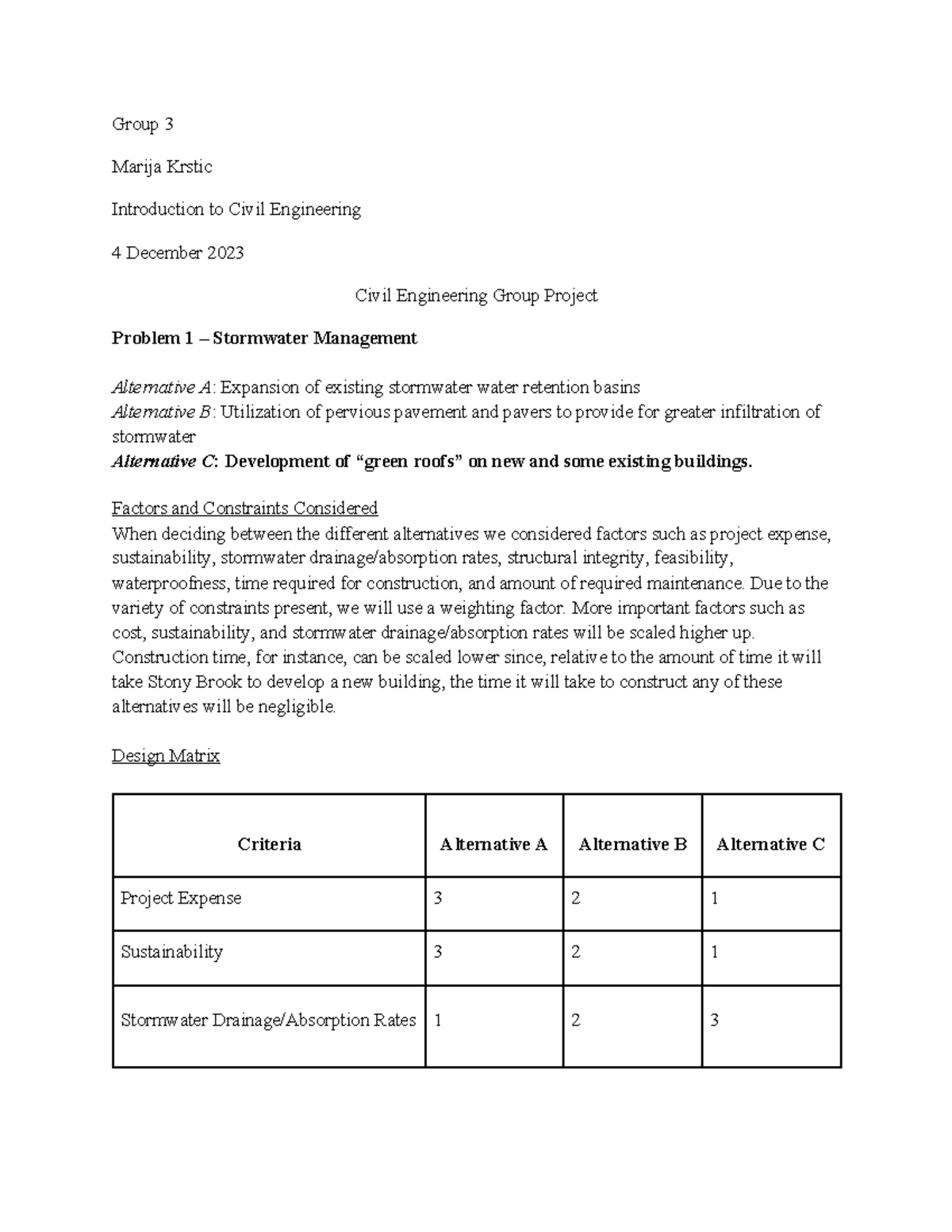 CIV 101 Project Group Project - Group 3 Marija Krstic Introduction to Civil Engineering 4 ...