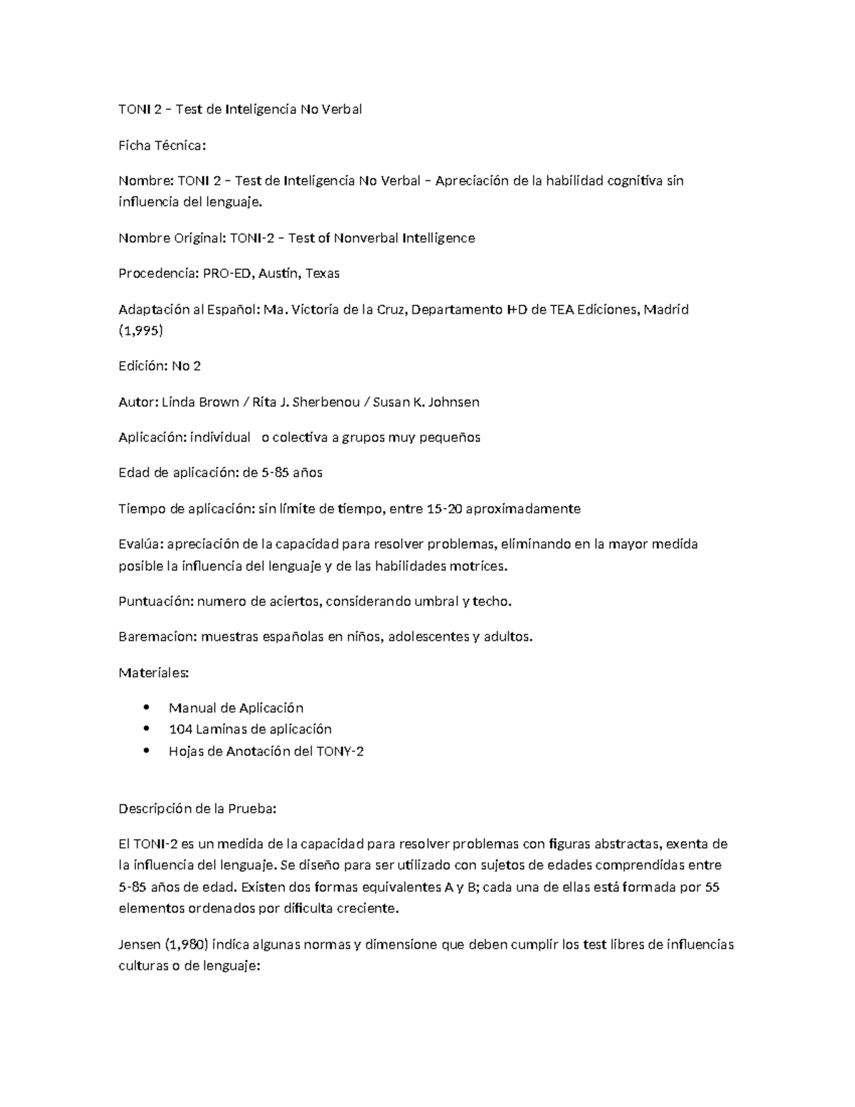 Ficha técnica - TONI 2 – Test de Inteligencia No Verbal Ficha Técnica ...