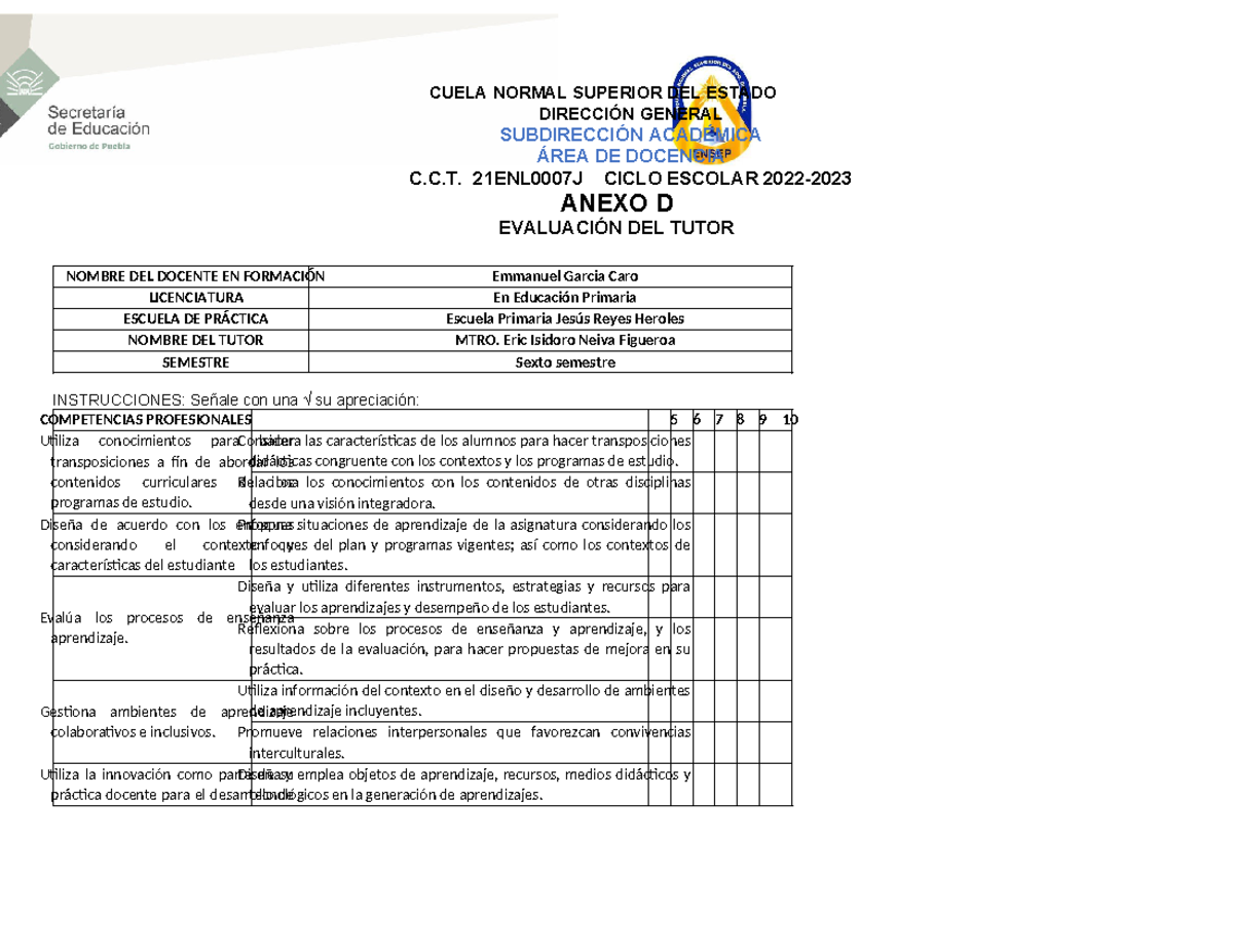 Anexo D. Evaluación Tutor - CUELA NORMAL SUPERIOR DEL ESTADO DIRECCIÓN GENERAL SUBDIRECCIÓN ...