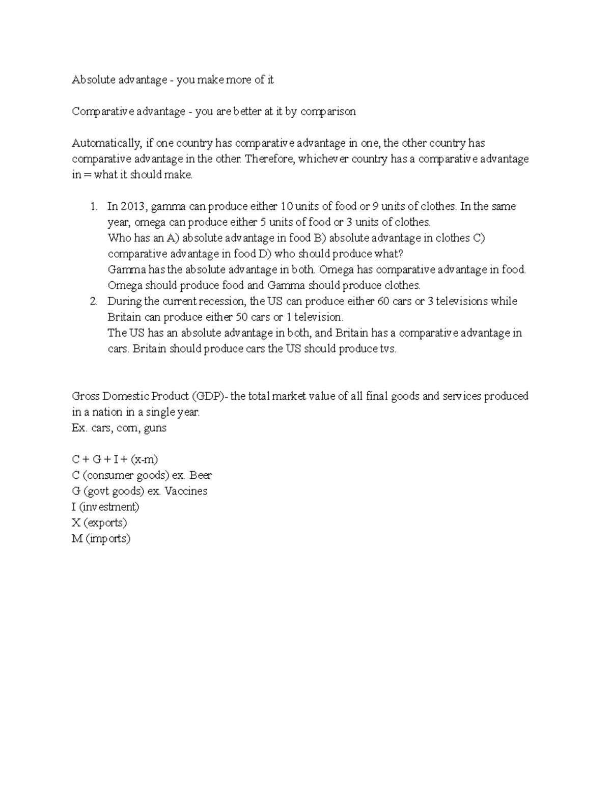 Economics Notes - Absolute advantage - you make more of it Comparative ...