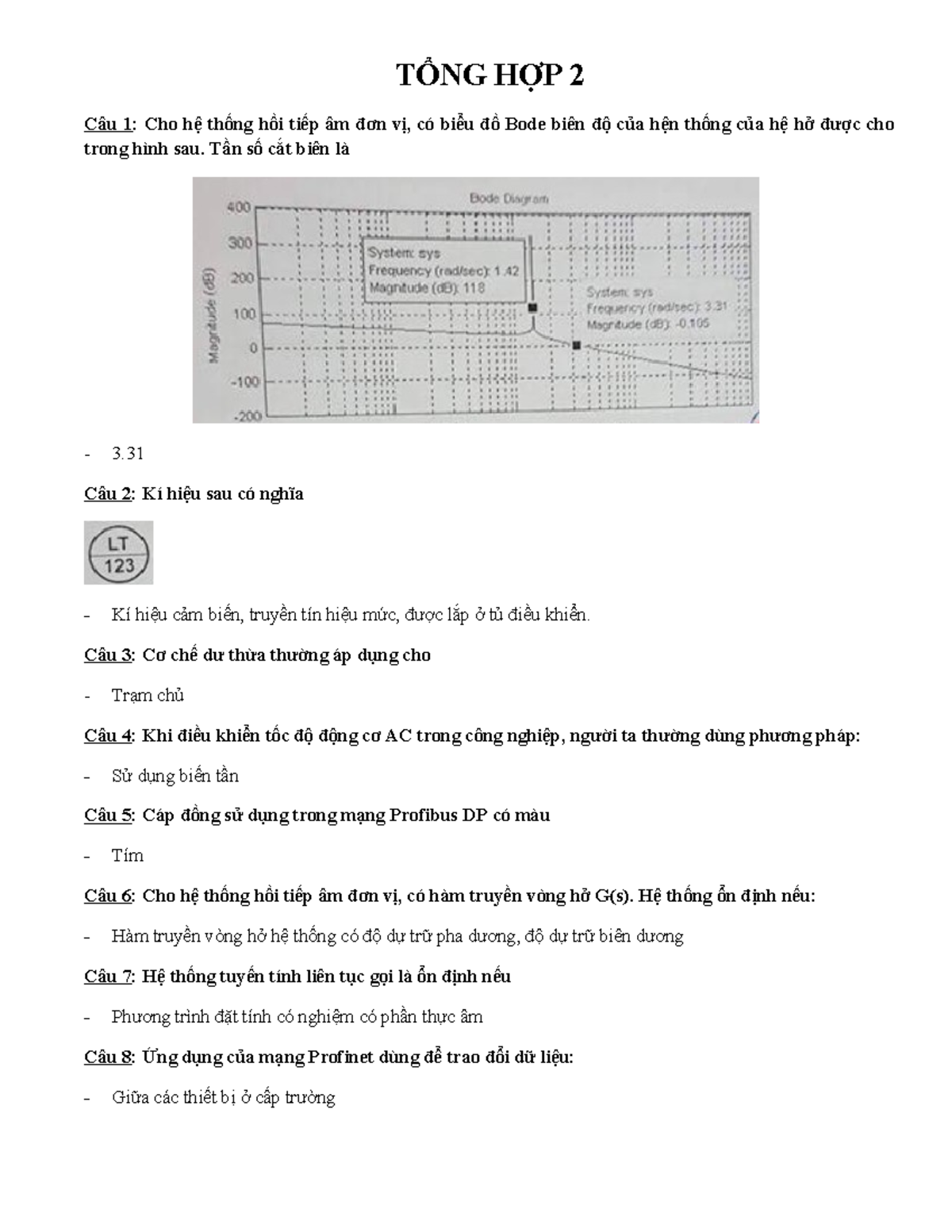 TỔNG HỢP 2 - tong hop - TỔNG HỢP 2 Câu 1: Cho hệ thống hồi tiếp âm đơn ...
