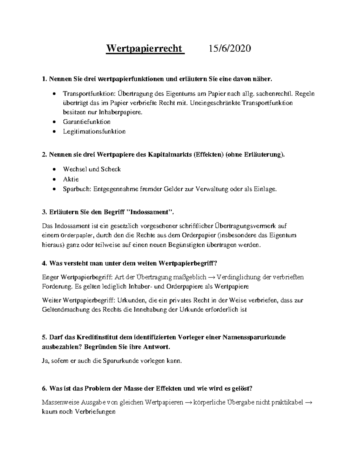 Klausur 2020 - Warning: TT: undefined function: 32 Wertpapierrecht 15/6/ Nennen Sie drei - Studocu