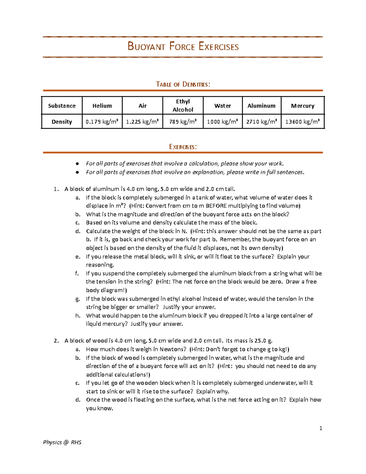 Buoyant Force Exercises 2425 - BUOYANT FORCE EXERCISES TABLE OF ...