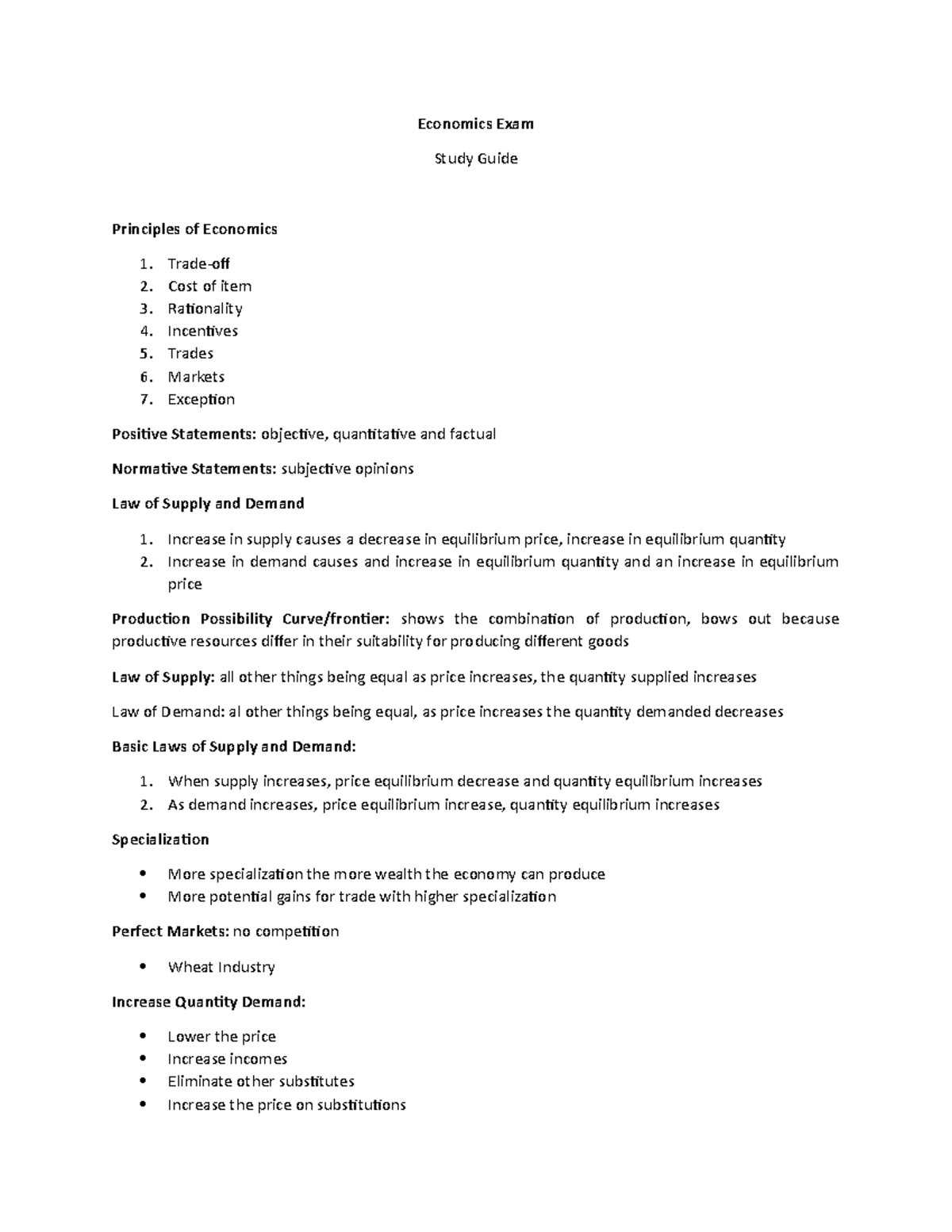 Economics Exam 1 Study Guide - Economics Exam Study Guide Principles of ...