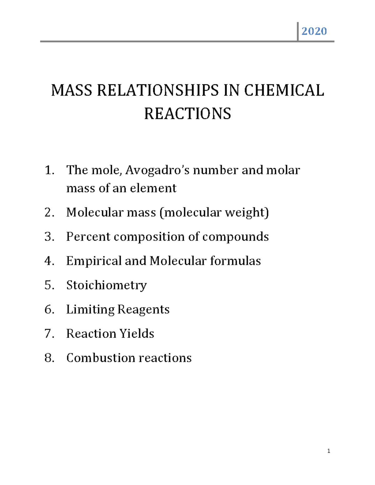 Stoichiometry Notes - 2020 MASS RELATIONSHIPS IN CHEMICAL REACTIONS 1 ...
