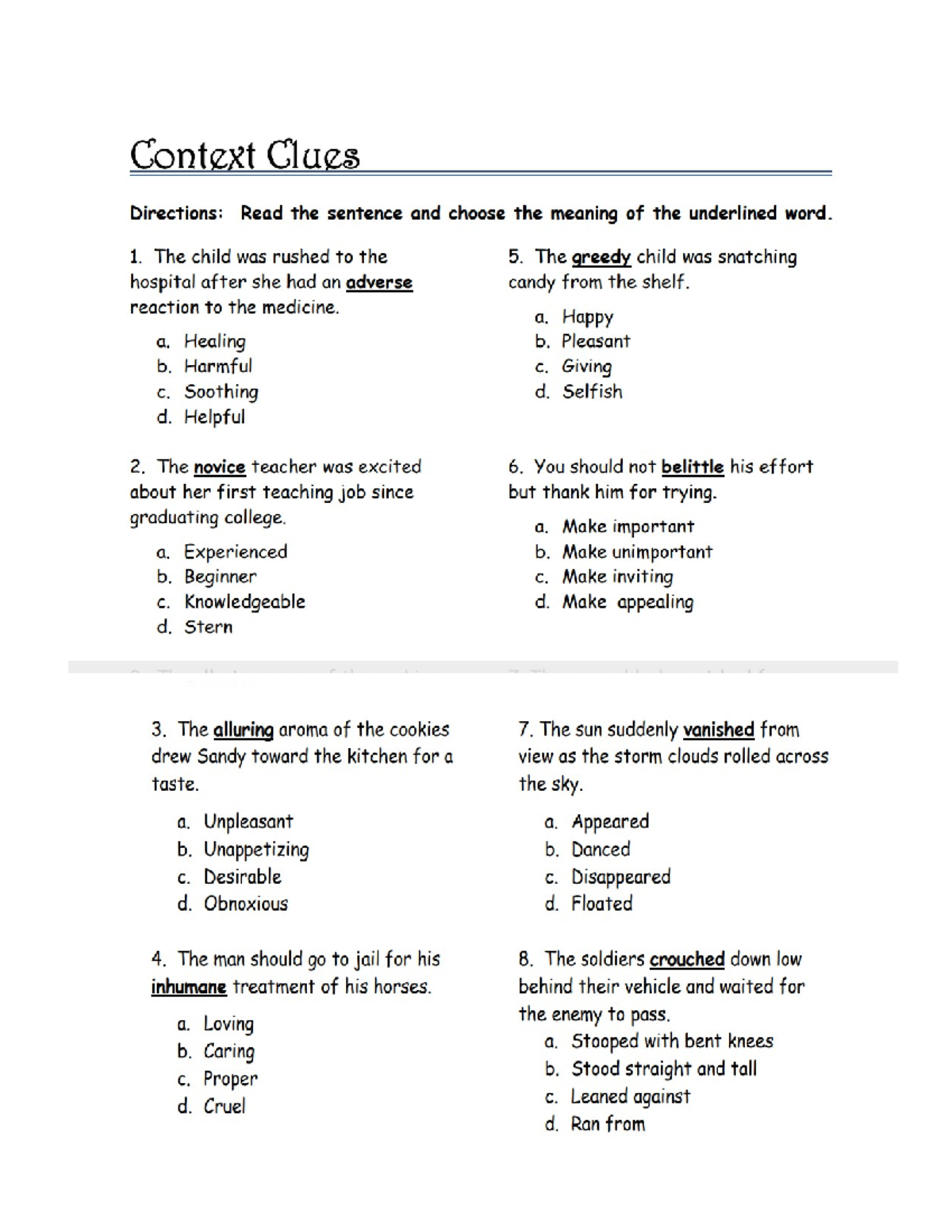 Week 3 7 - Context clues - Context Clues Directions: Read the sentence ...