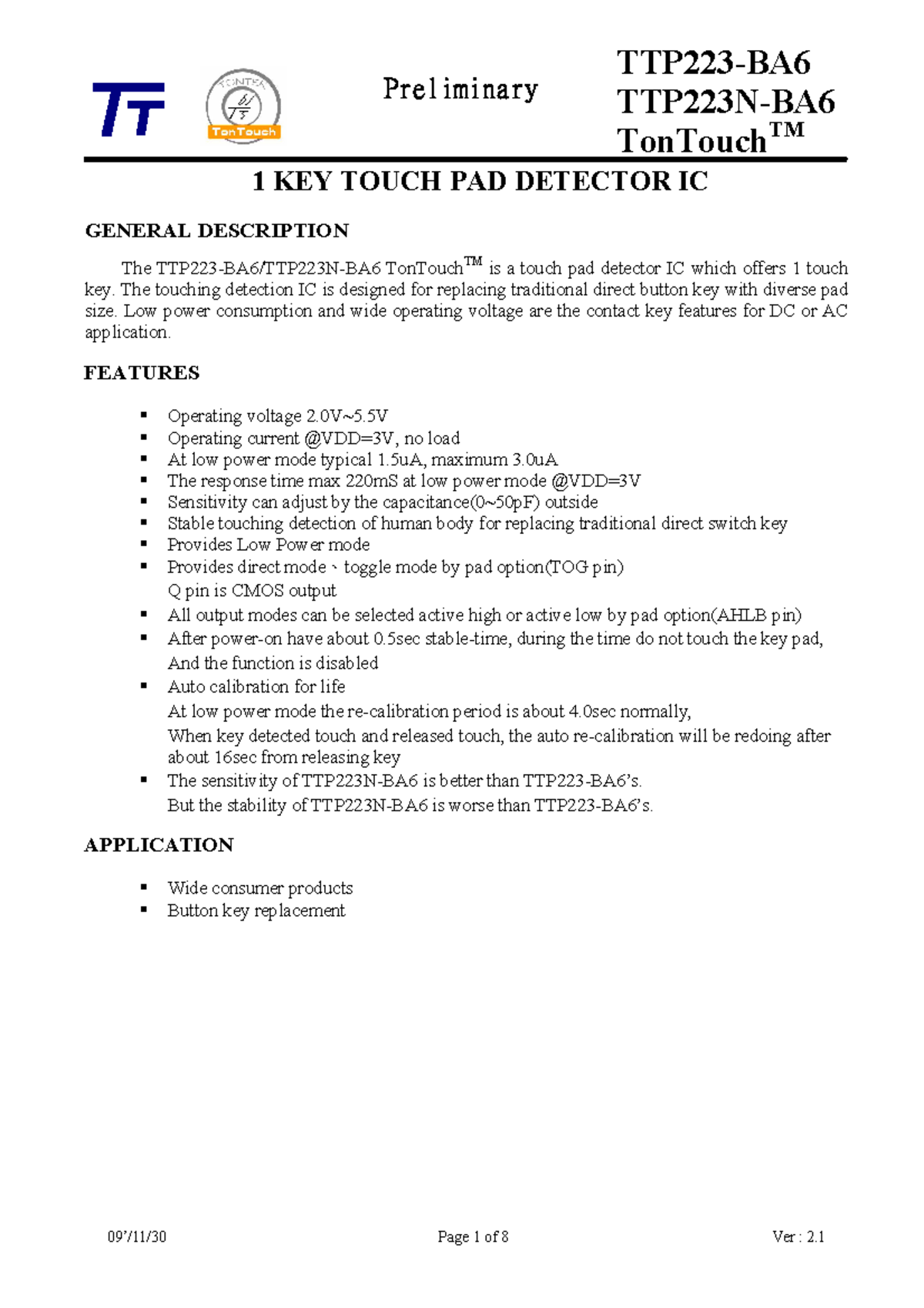 Datasheet-TTP223 - Preliminary TTP223N-BA TonTouch TM 1 KEY TOUCH PAD ...