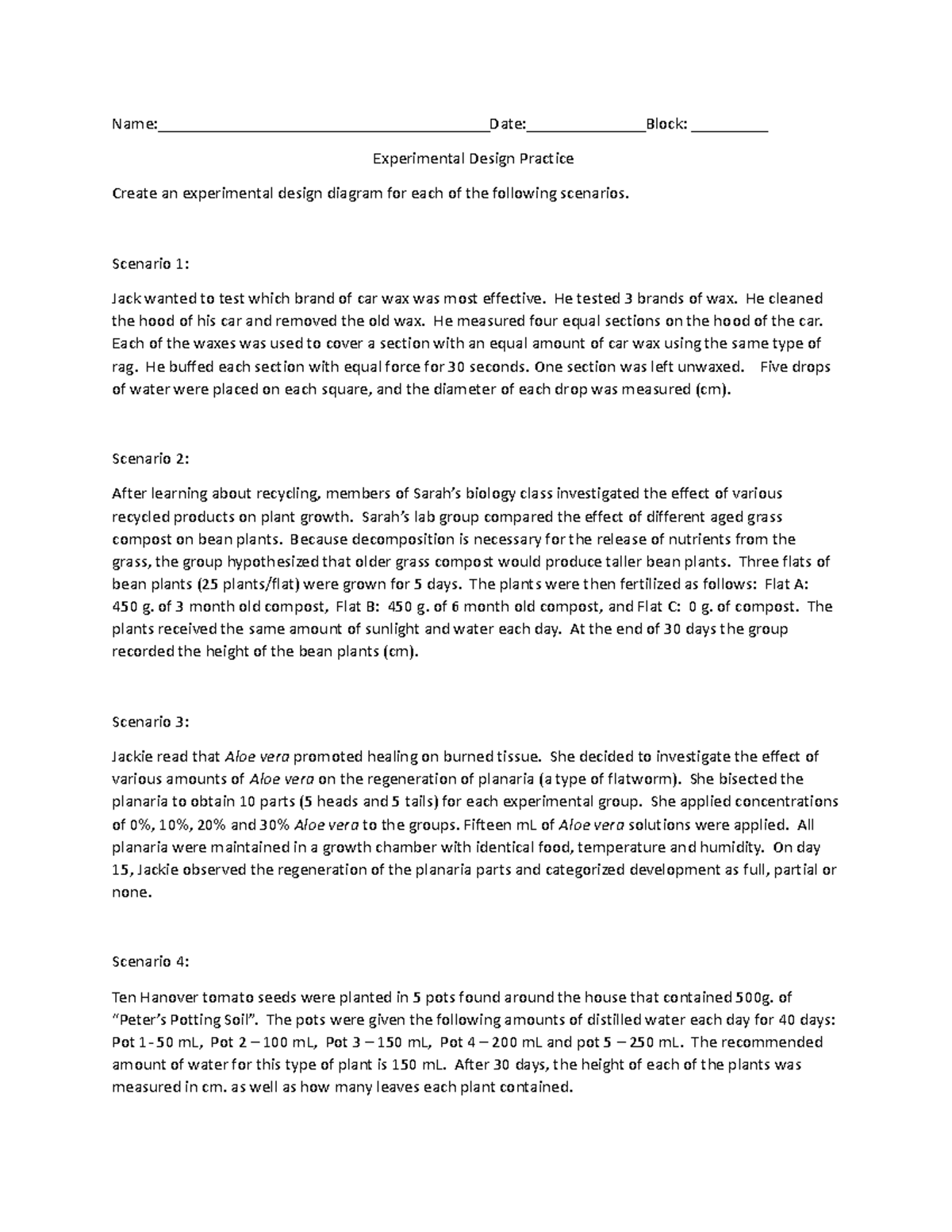 Experimental Design Practice Scenarios 1 - - Studocu