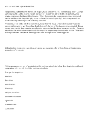 Biol 114 Worksheet: Species interactions and mutualism - Studocu