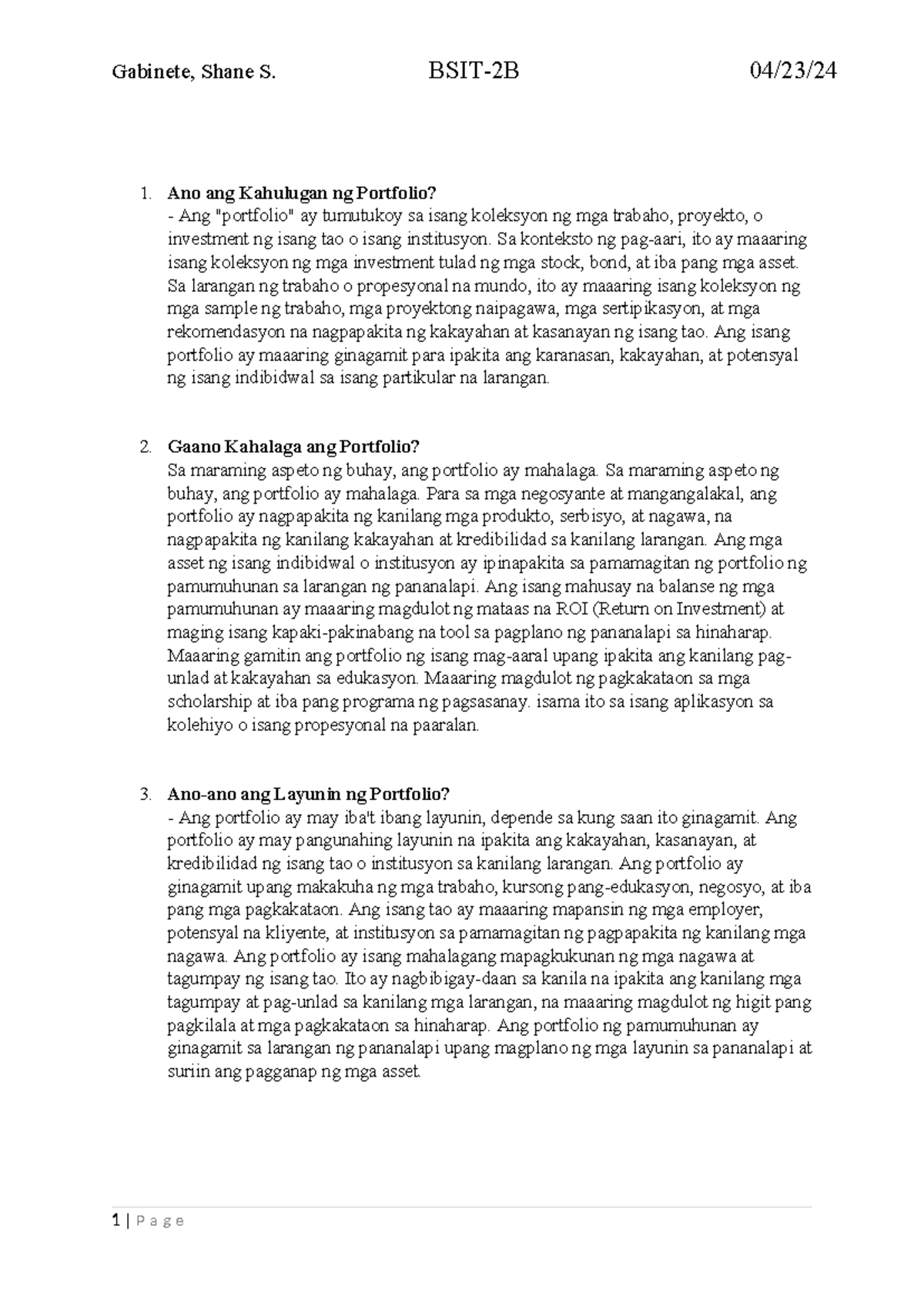 Gab portfolio - Gabinete, Shane S. BSIT-2B 04/23/ 1. Ano ang Kahulugan ...