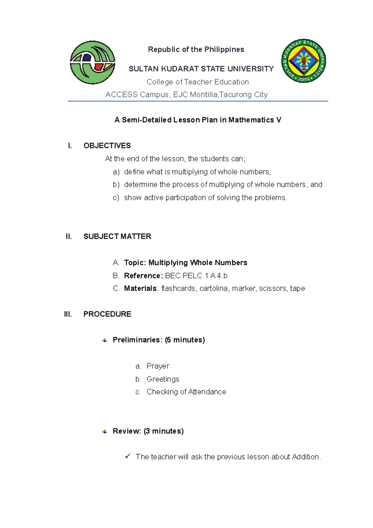 SEMI- DLP - SEMI DETAILED LESSON PLAN - Republic of the Philippines SULTAN KUDARAT STATE ...