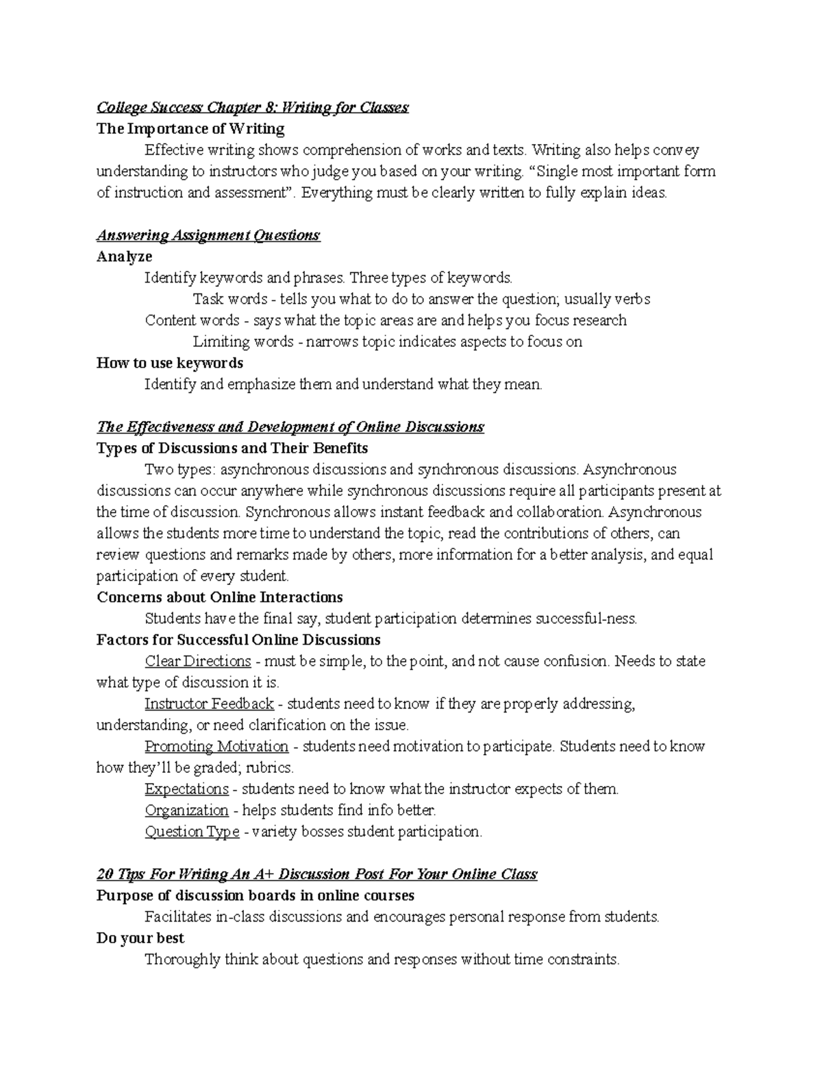 UNIV1001 Unit 2 Notes - College Success Chapter 8: Writing for Classes ...