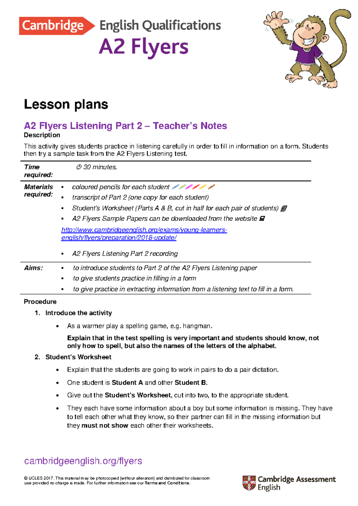 A2 Flyers 2018 Listening Part 2 - © UCLES 2017. This material may be ...