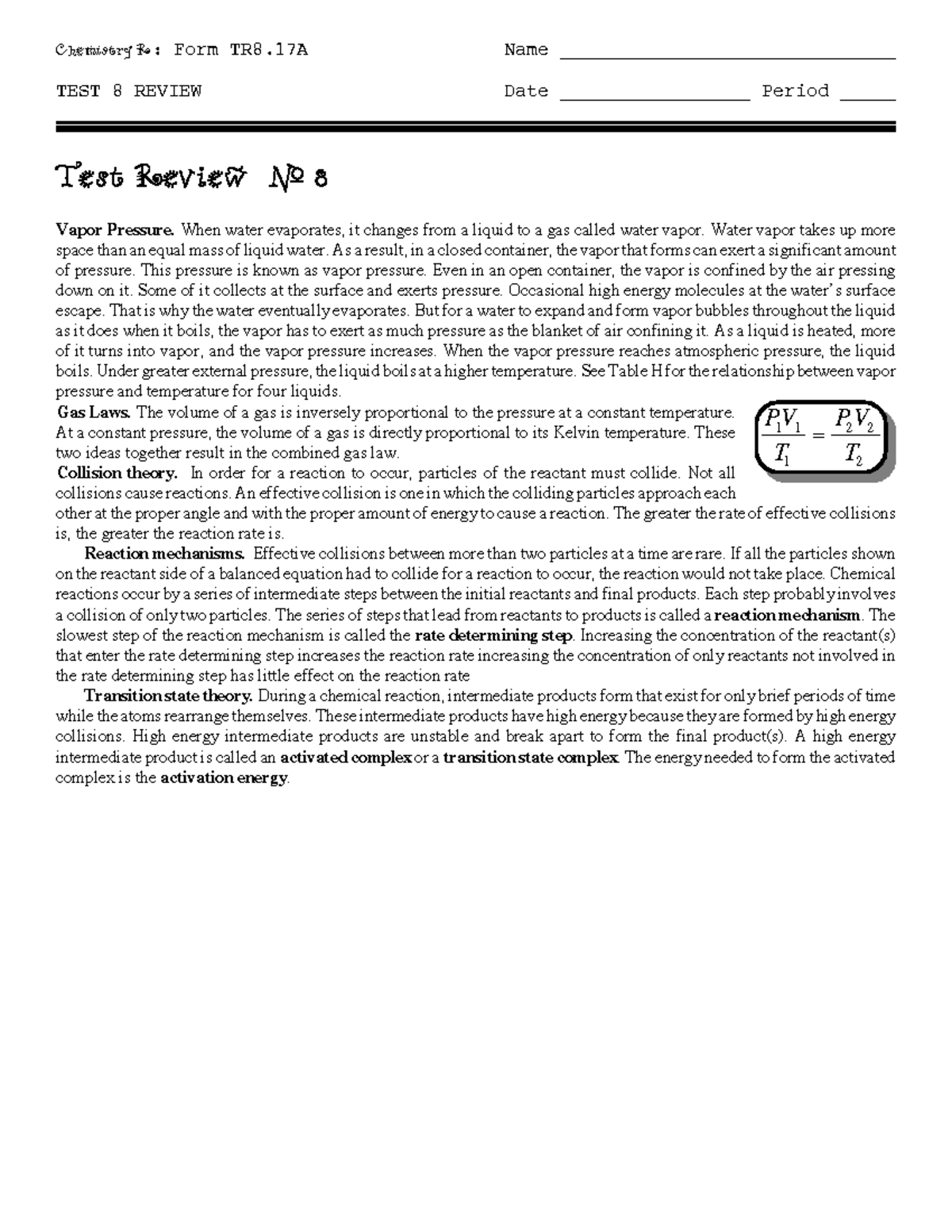 TR8-17A R Test 8 Review copy - PV T P V T 1 1 1 2 2 2 = Chemistry R ...