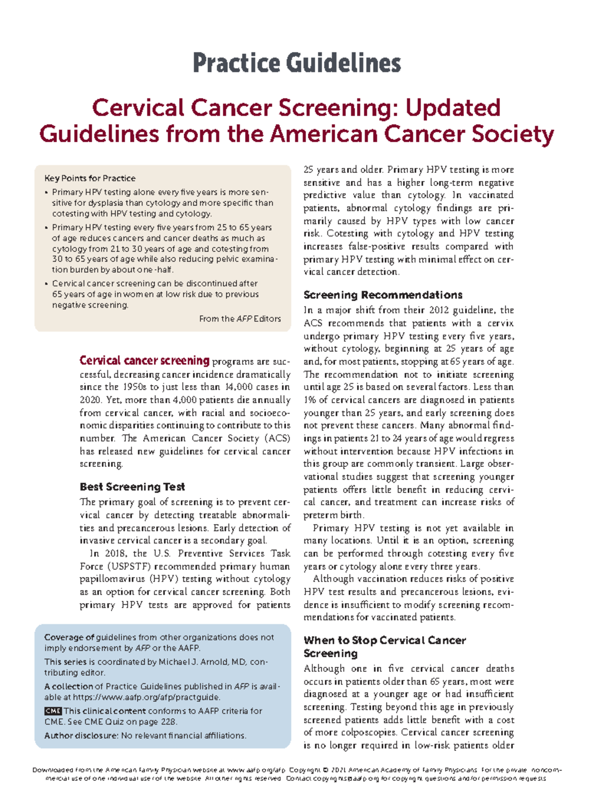 ACS cervical cancer screening 2021 - 314 American Family Physician aafp ...