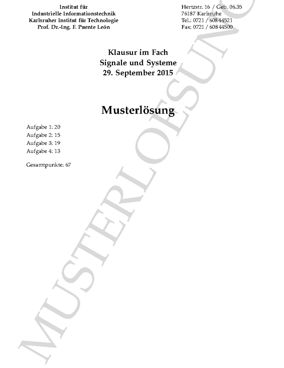 Klausur 29 September Sommersemester 2015, Fragen und Antworten - Institut für Industrielle - Studocu