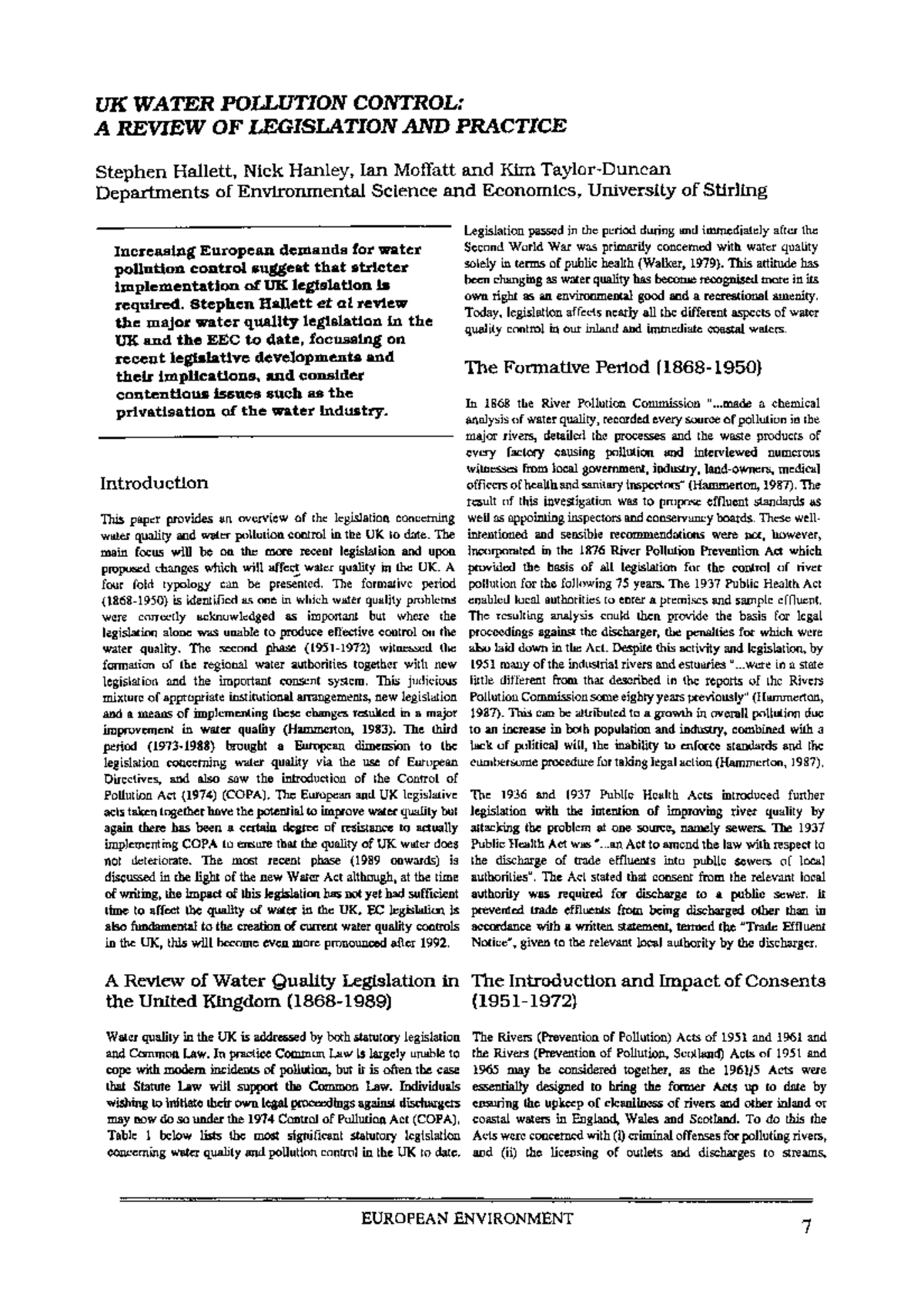 UK Water Pollution Control A Review OF Legislation AND Practice ...