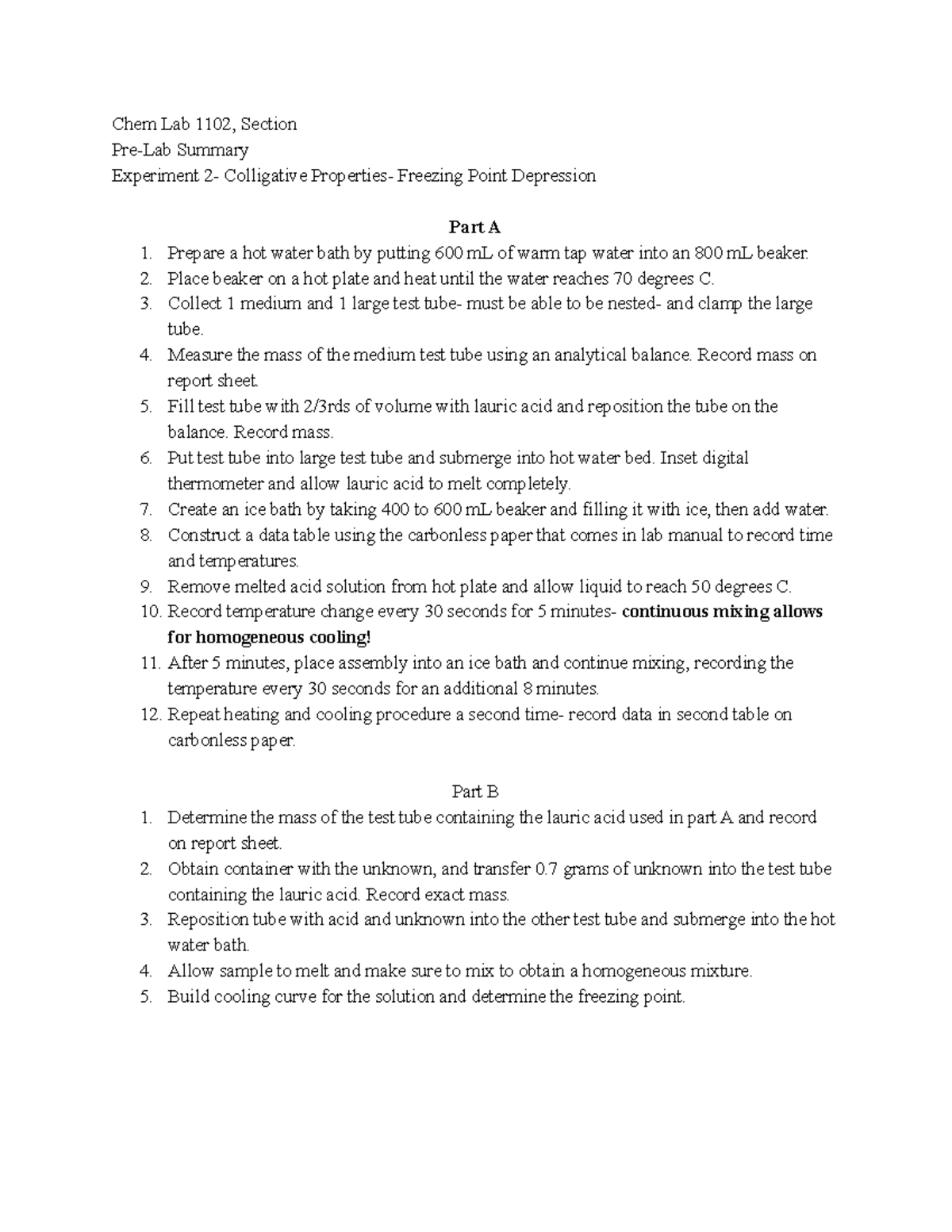 Experiment 2- Pre Lab Summary - Chem Lab 1102, Section Pre-Lab Summary ...
