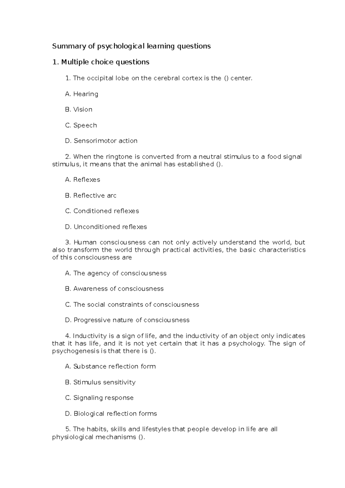 Summary of psychological learning questions - Multiple choice questions ...