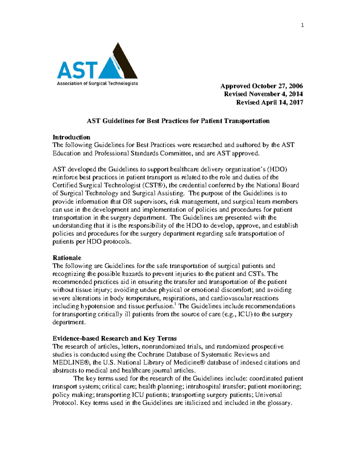 AST Guideline for Patient Transportation - Approved October 27, 2006 ...
