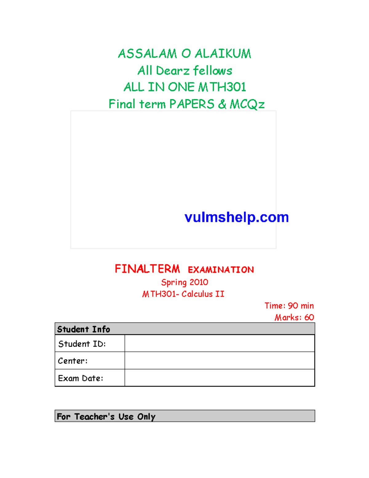 MTH301-Finalterm-Solved-MCQs - ASSALAM O ALAIKUM All Dearz fellows ALL ...