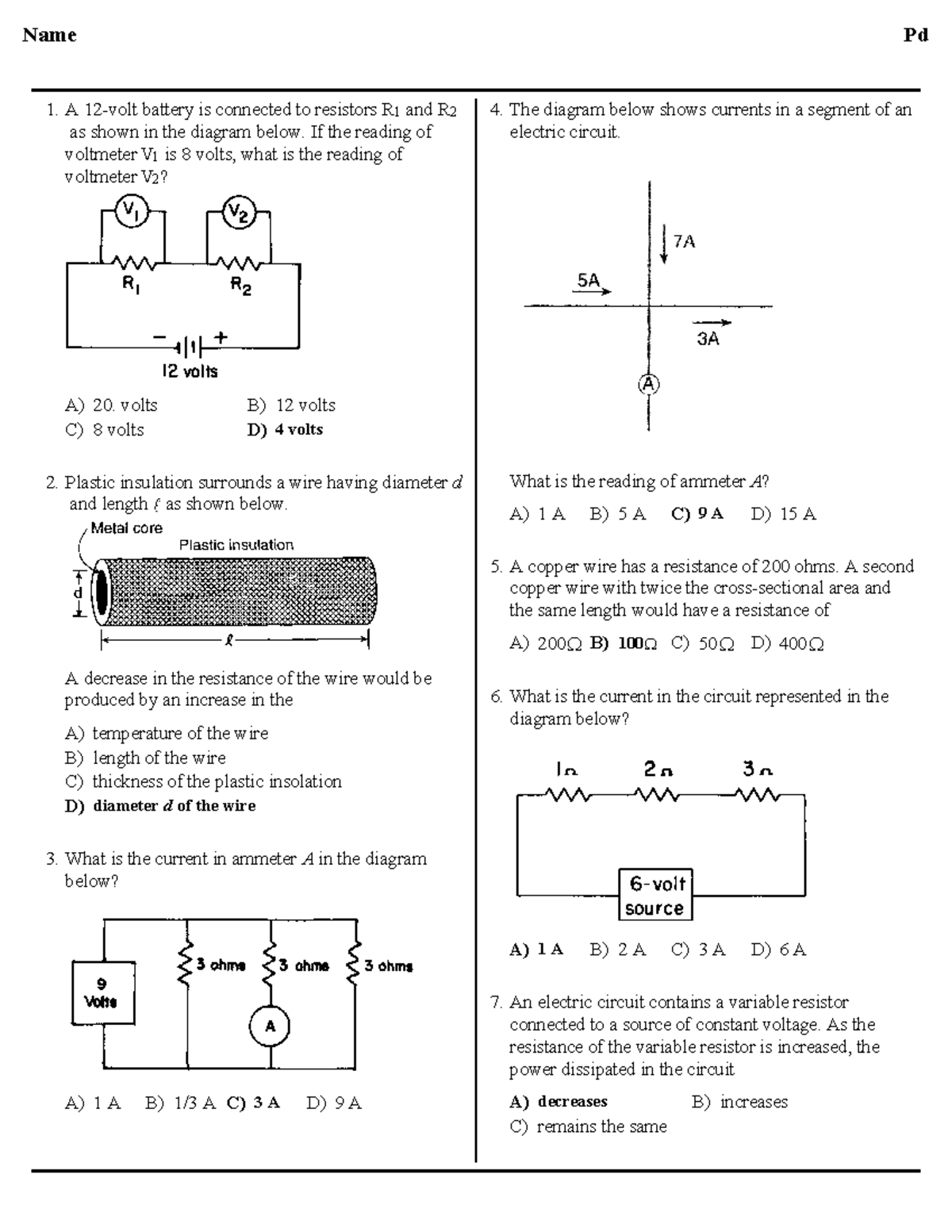 Textbook Circuits TC-1 - Name Pd A) 20. volts B) 12 volts C) 8 volts D ...