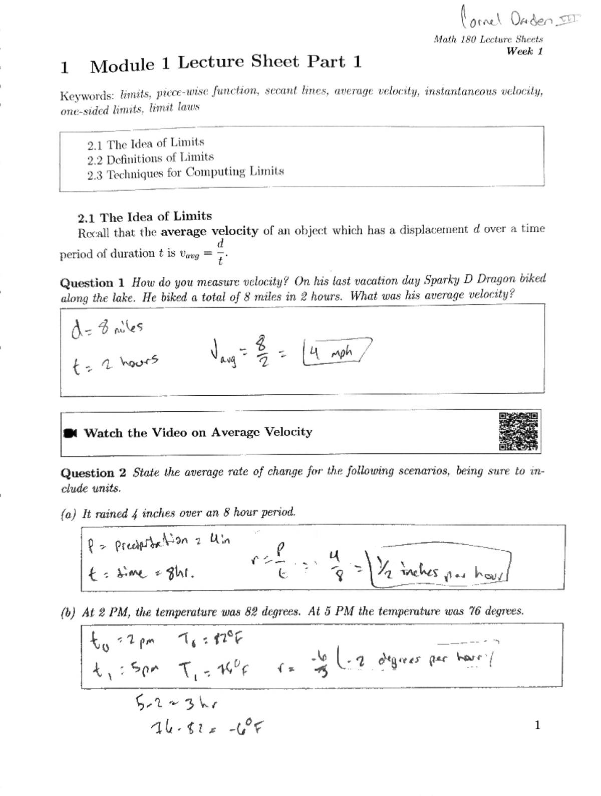 Lecture Sheet Week 1 - here you goo - Cornel Daden II Math 180 Lecture Sheets Week 1 1 Module 1 ...